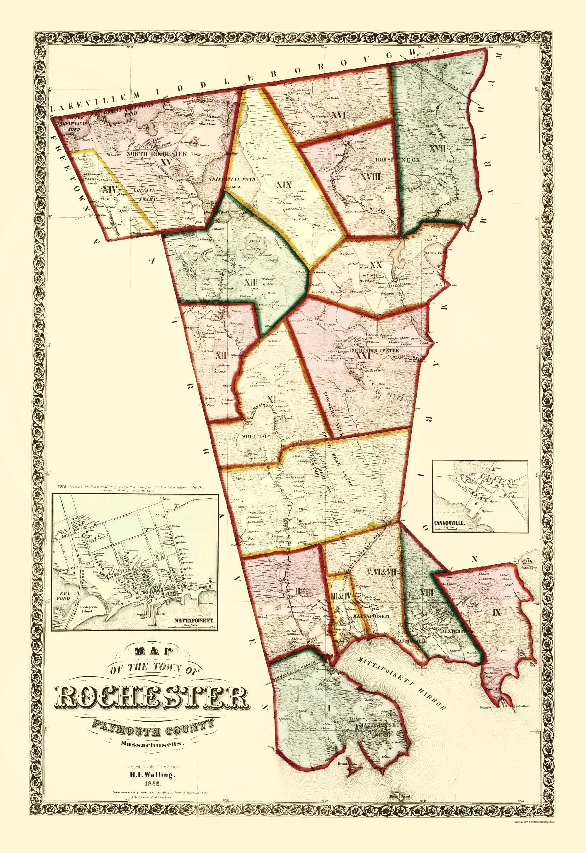 Historic City Map - Rochester Massachusetts - Walling 1856 - 23 x 33.46 ...