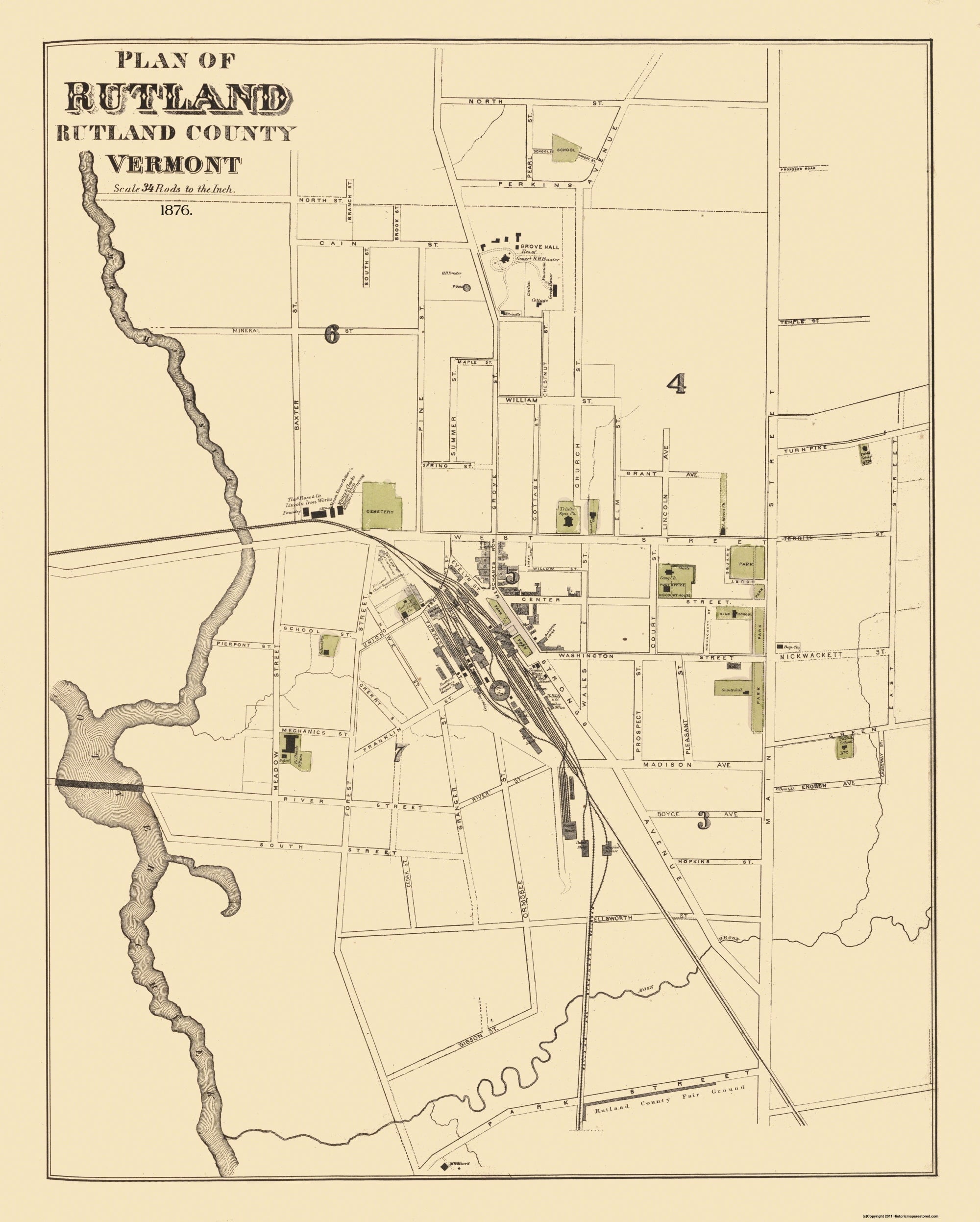 Historic City Map - Rutland Vermont - Beers 1876 - 23 x 28.69 - Vintage ...