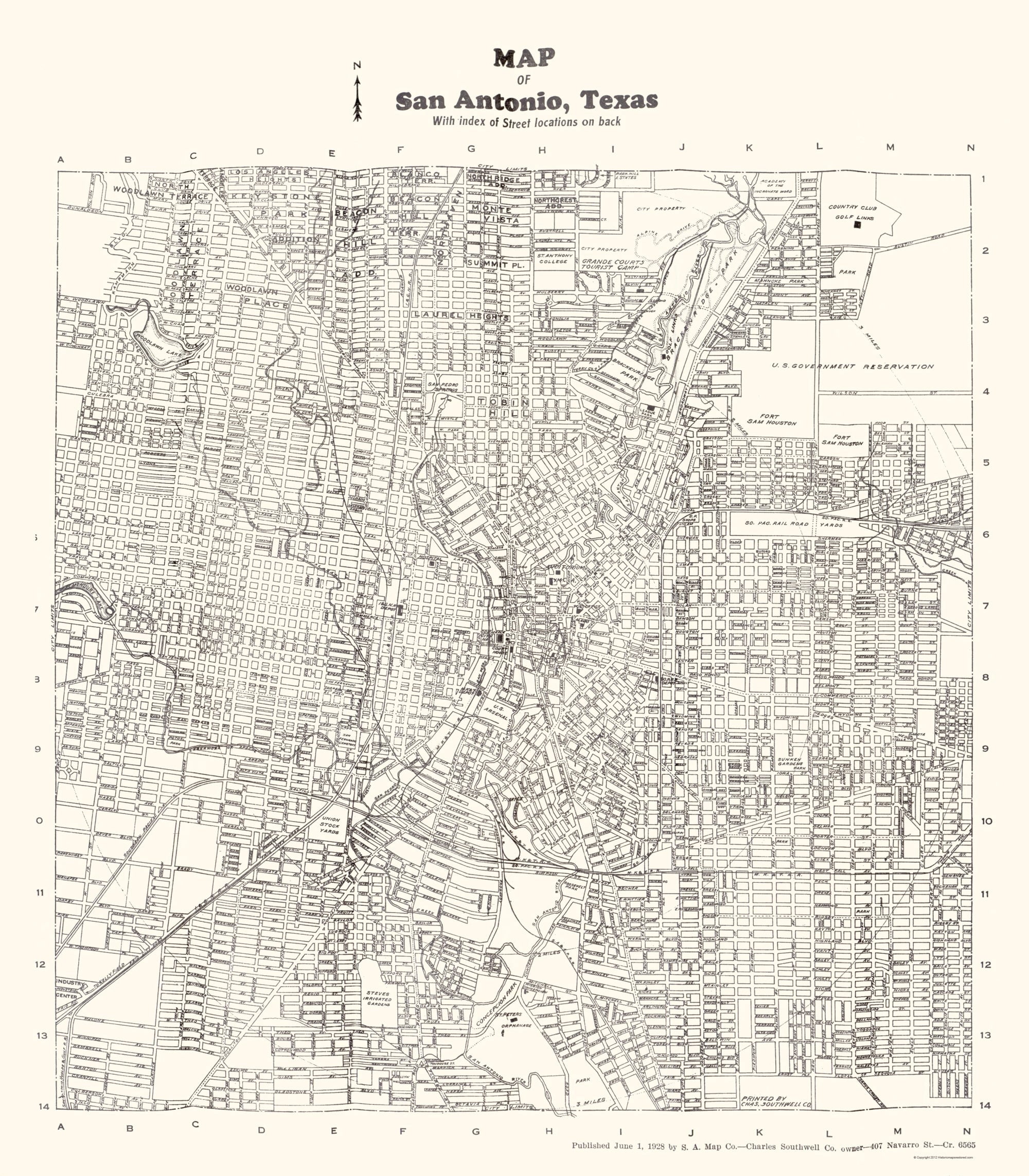 Historic City Map - San Antonio Texas - Southwell 1928 - Vintage Wall ...