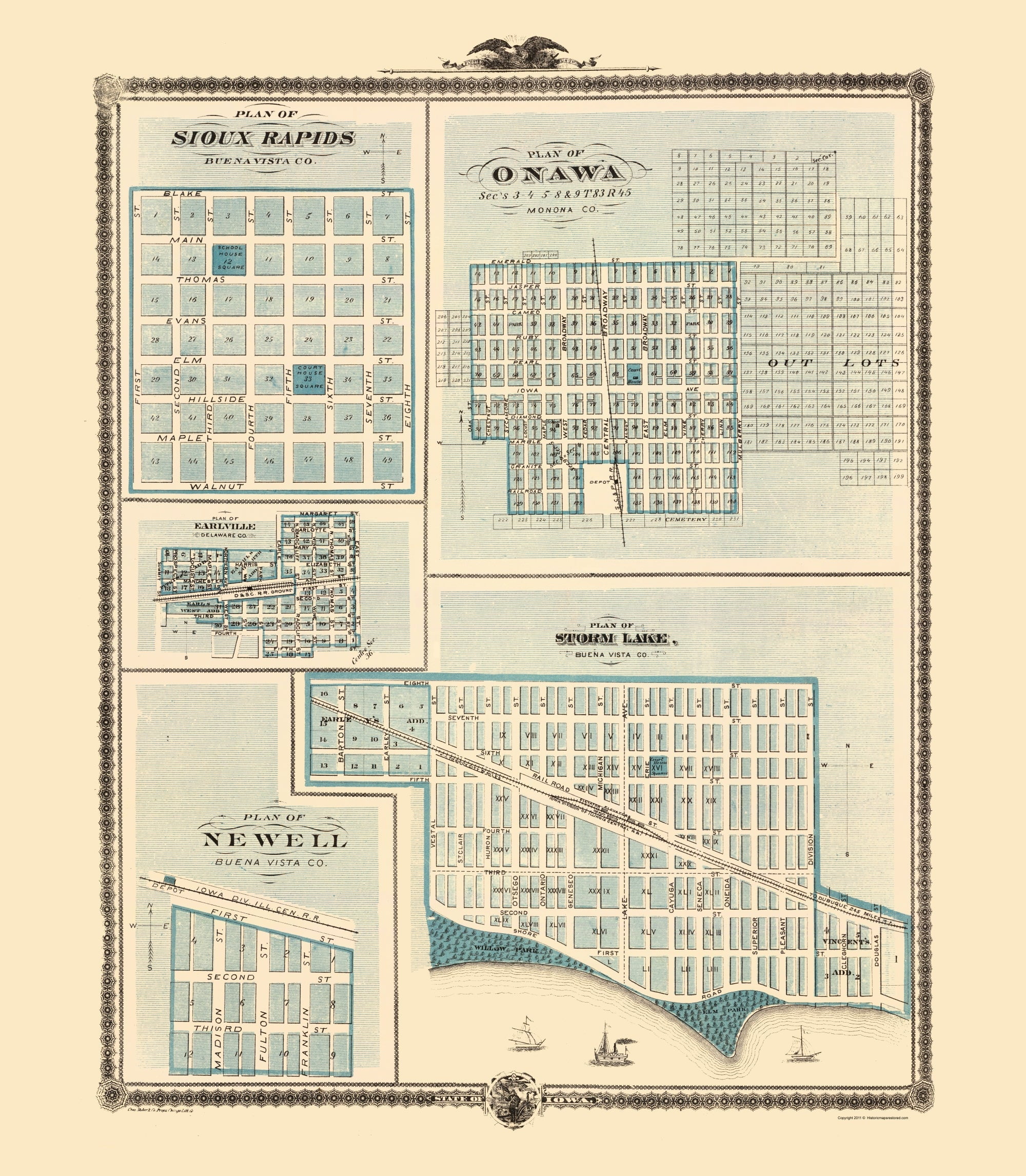 Historic City Map - Sioux Rapids Onawa Earlville Storm Lake Newell Iowa ...