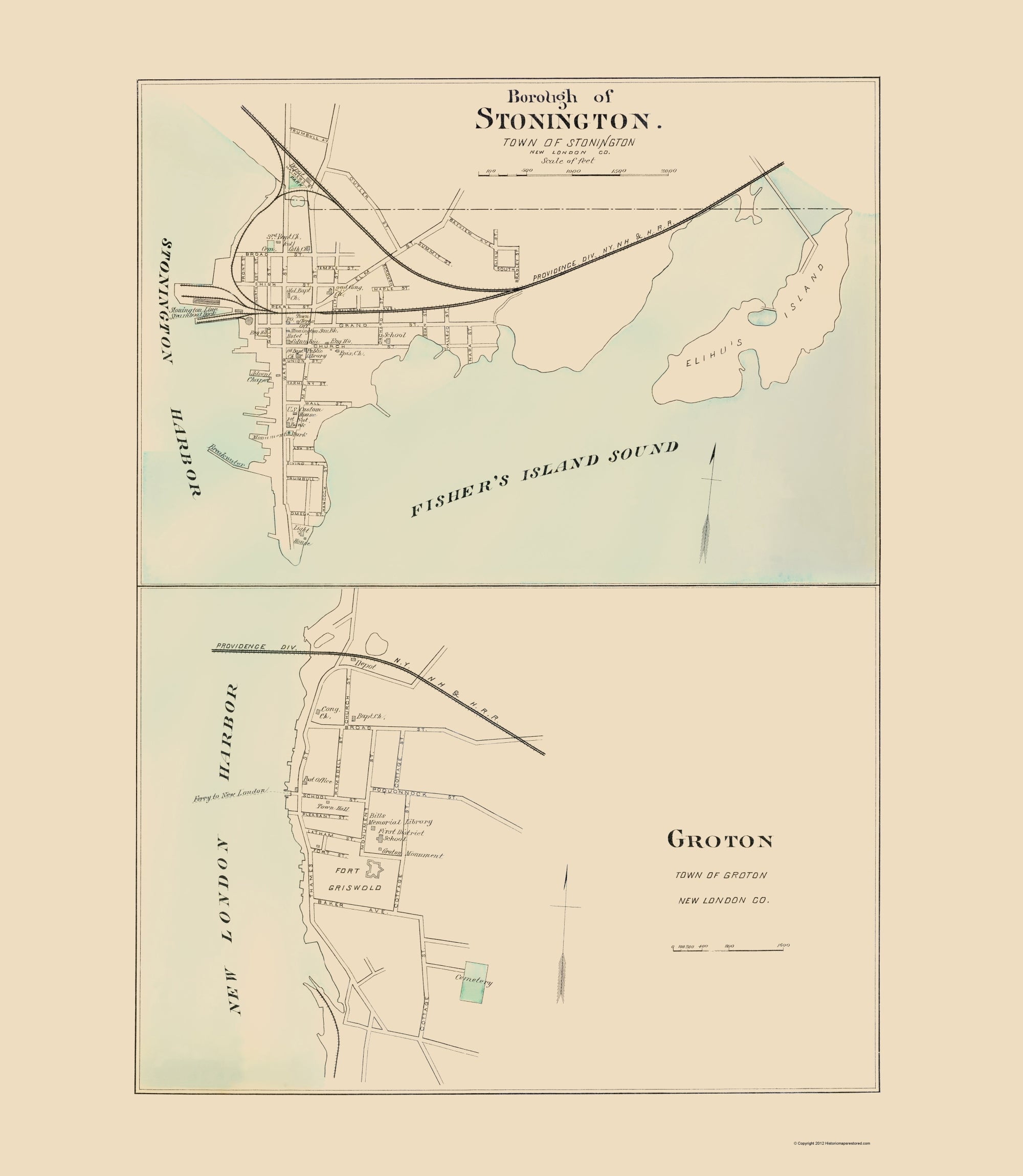 Historic City Map - Stonington Groton Connecticut - Hurd 1893 - 23 x 26 ...