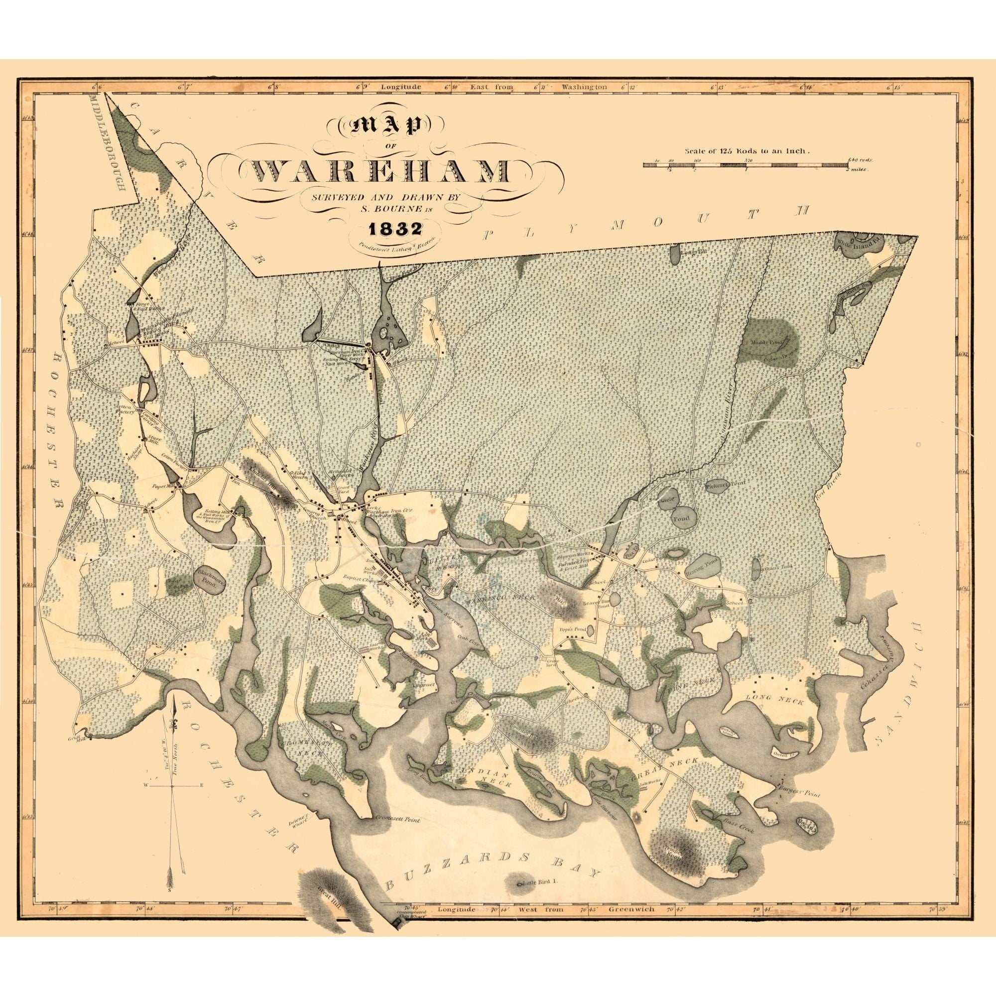 Historic City Map - Wareham Massachusetts - Bourne 1832 - 26.10 x 23 ...