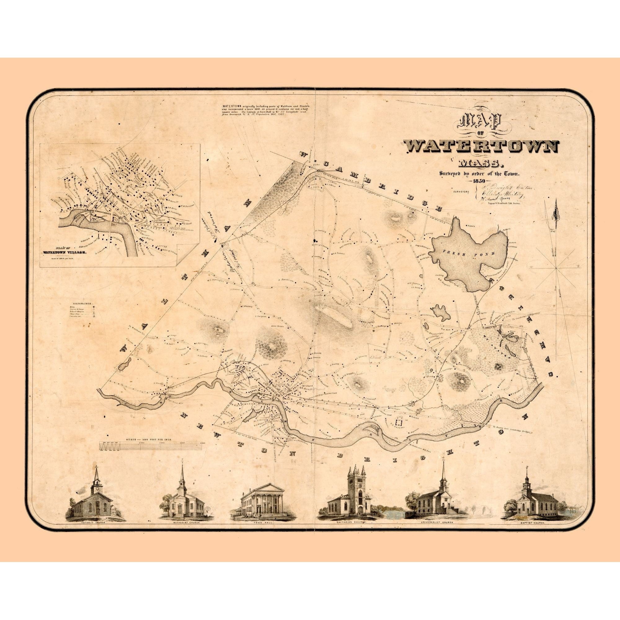Historic City Map - Watertown Massachusetts - Whiting 1850 - Vintage ...