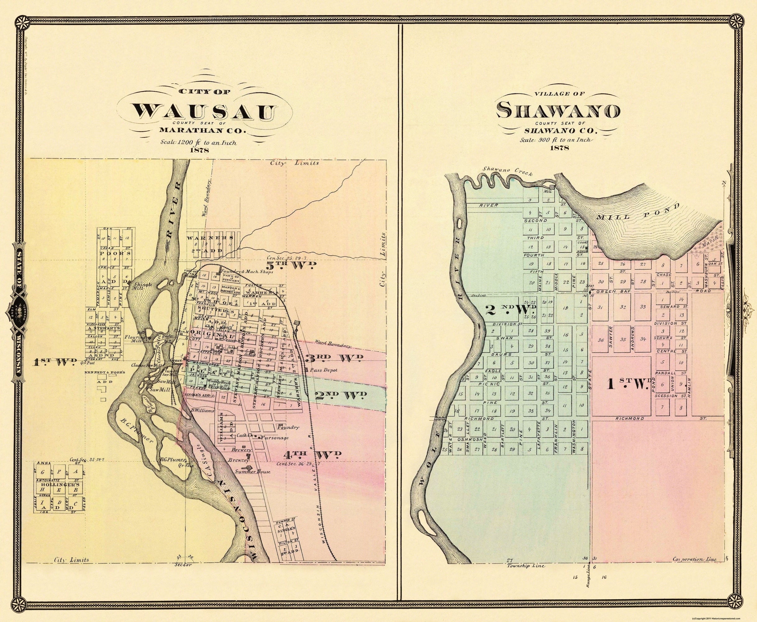 Historic City Map - Wausau Shawano Wisconsin - Snyder 1878 - 28 x 23 ...