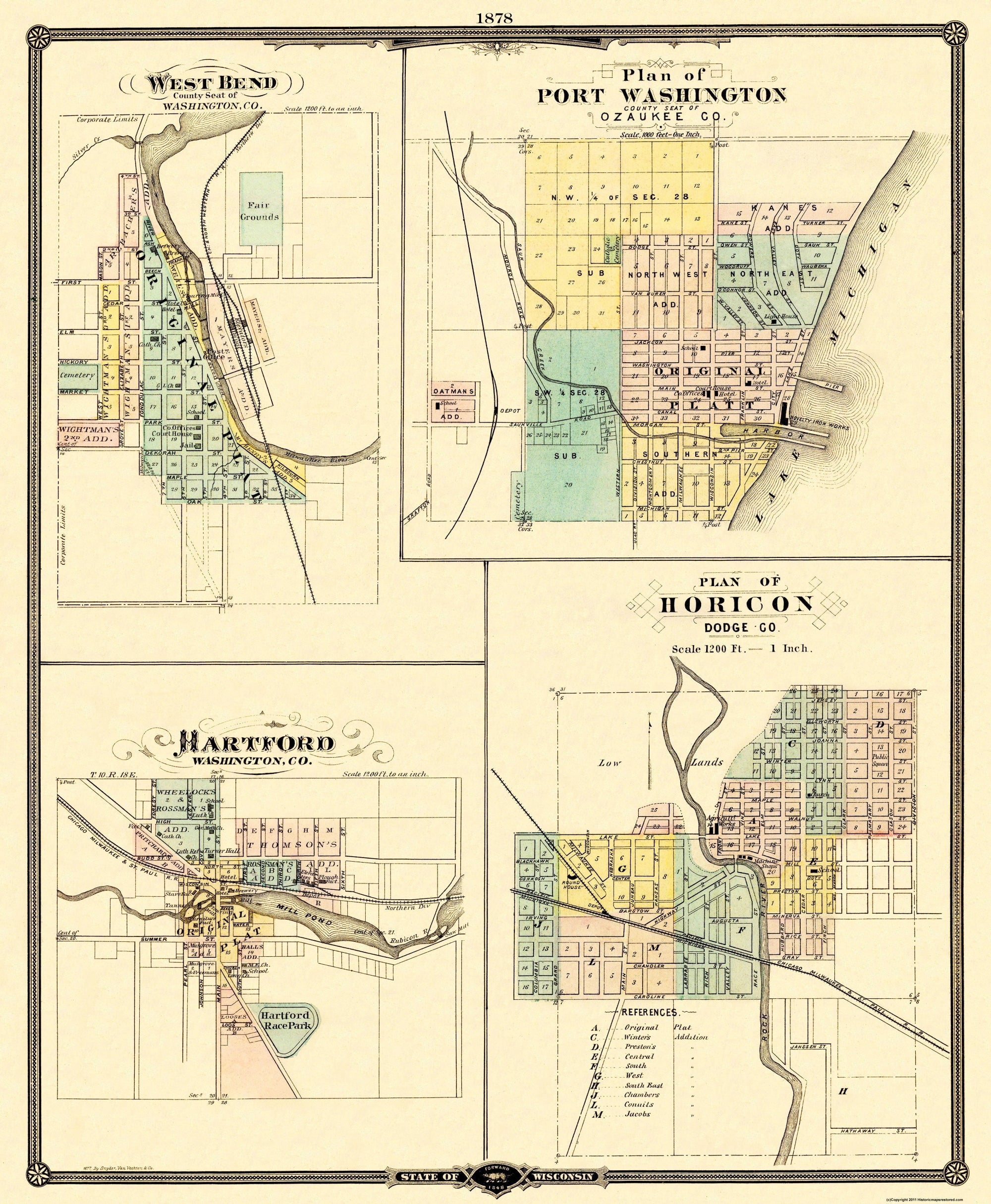 Historic City Map - West Bend Hartford Wisconsin - Snyder 1878 - 23 x ...