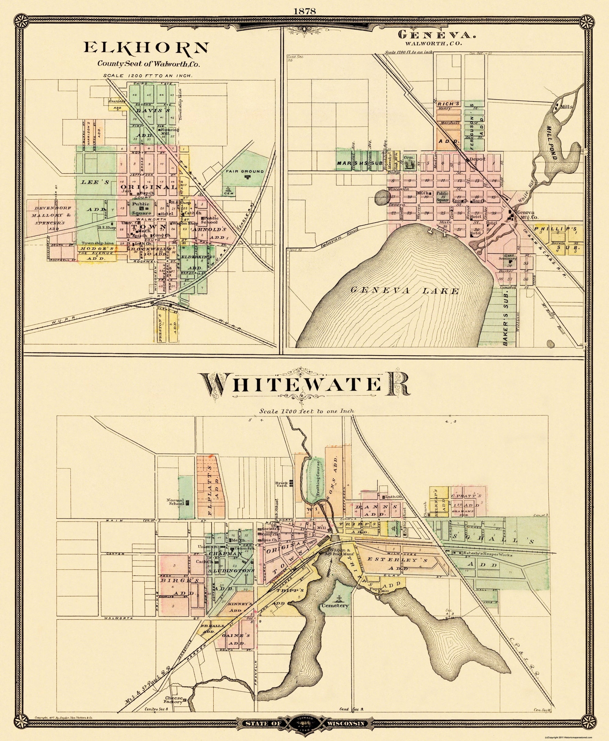 Historic City Map - Whitewater Elkhorn Geneva Wisconsin - Snyder 1878 ...