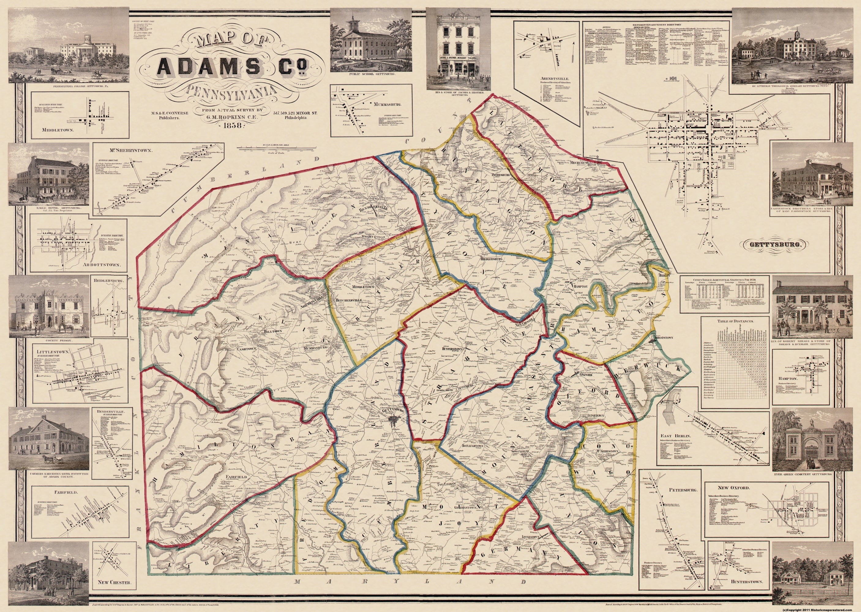 Historic County Map - Adams Pennsylvania County - Hopkins 1857 - 32.38 ...