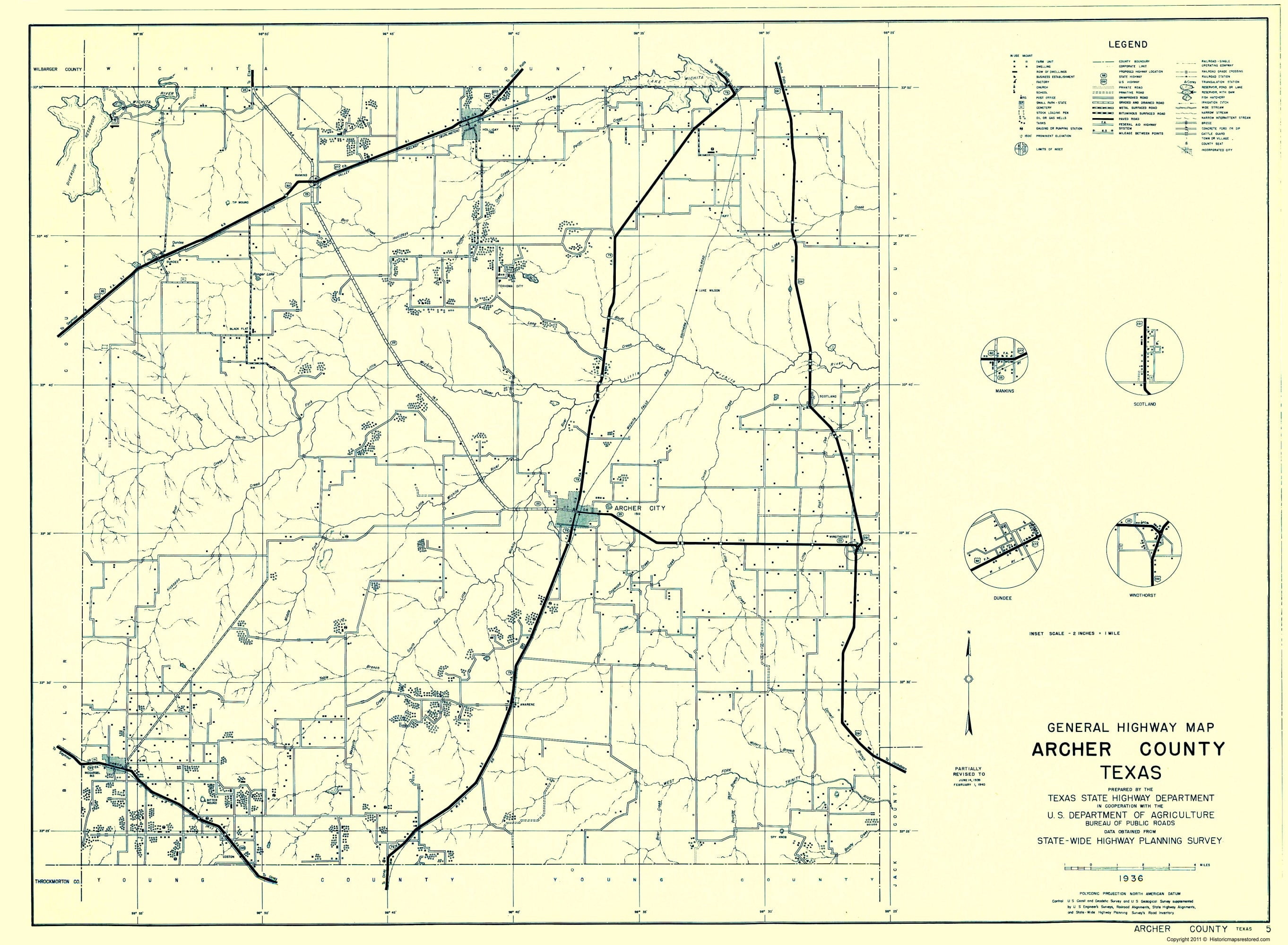 Historic County Map - Archer County Texas - Highway Department 1936 ...