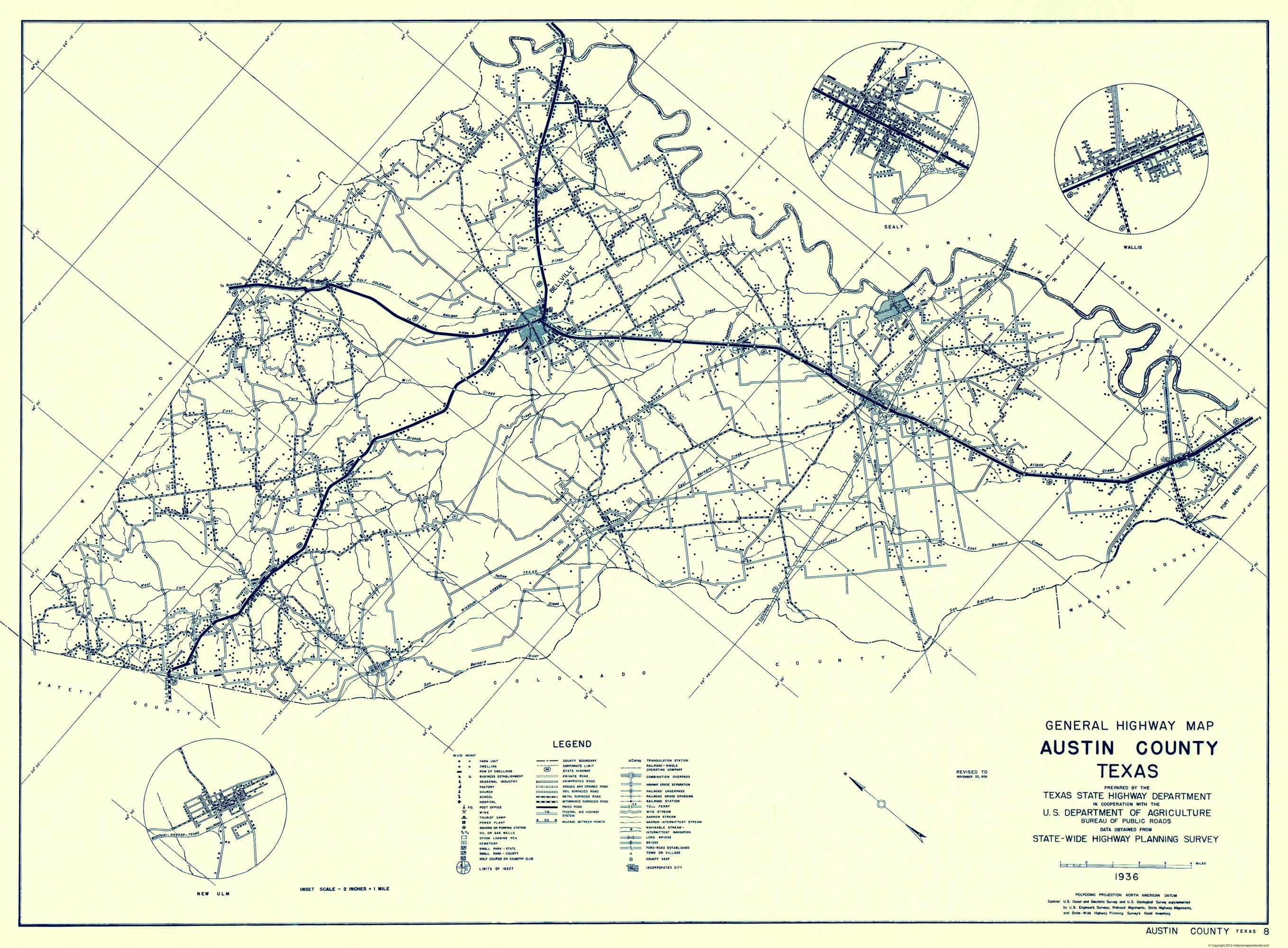 Historic County Map - Austin County Texas - Highway Department 1936 ...