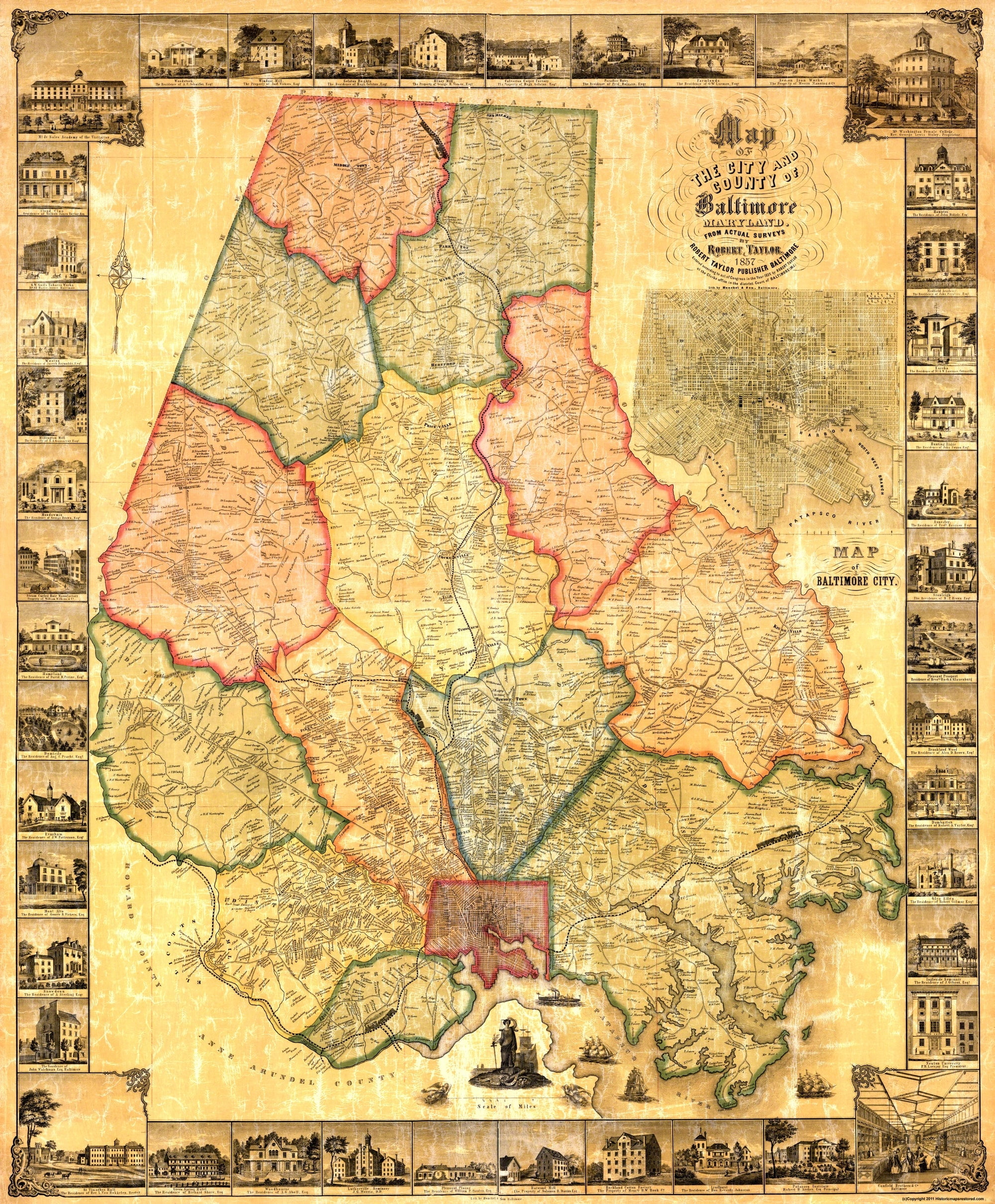 Historic County Map - Baltimore Maryland - Taylor 1857 - 23 x 27.81 ...