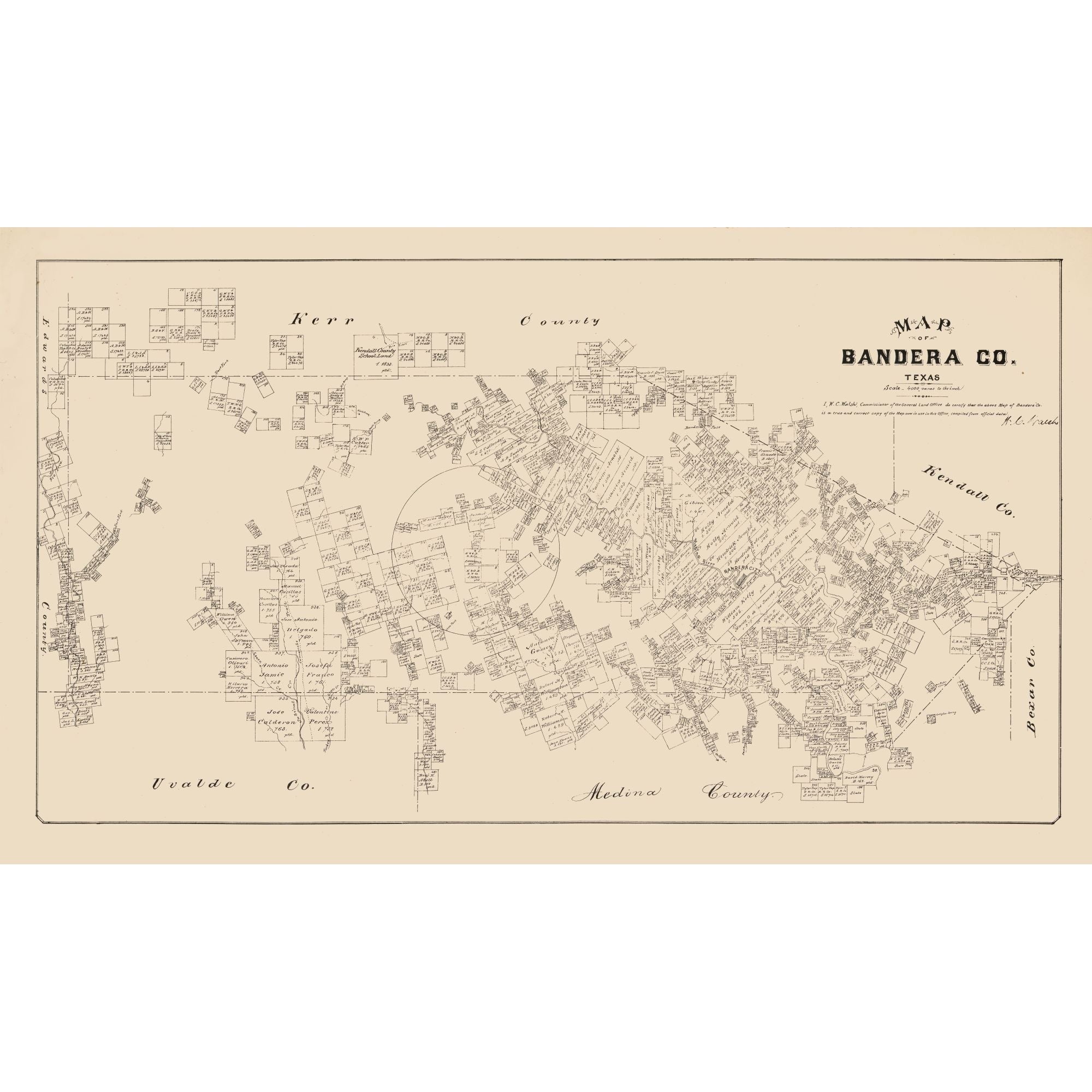 Historic County Map - Bandera County Texas - Walsh 1879 - Vintage Wall ...