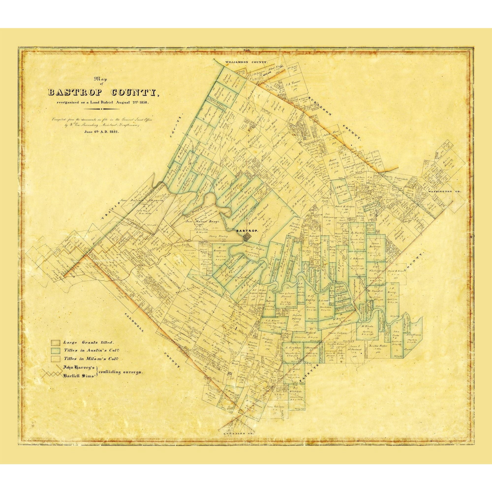 Historic County Map - Bastrop County Texas - General Land Office 1861 ...