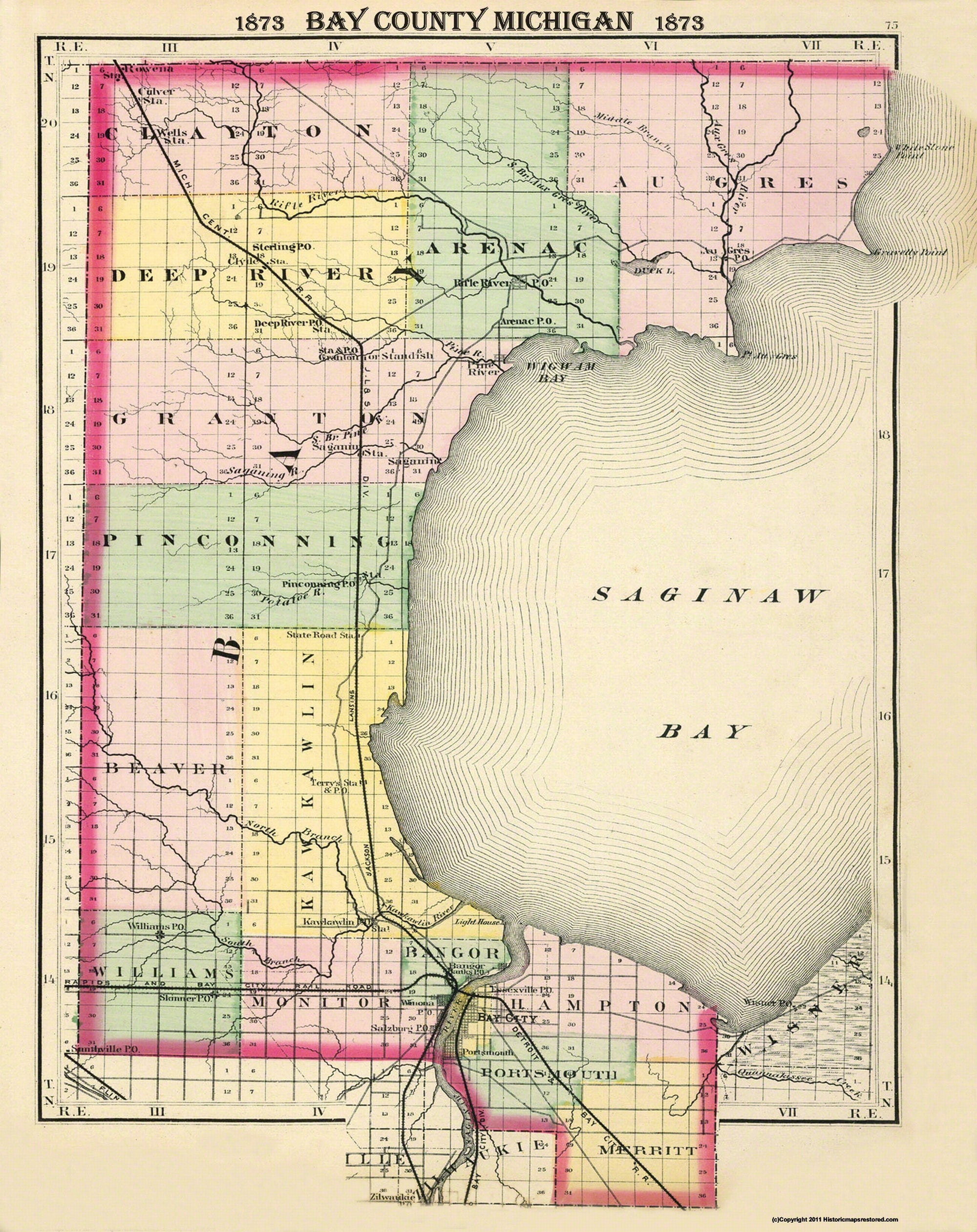 Historic County Map - Bay County Michigan - Walling 1873 - Vintage Wall ...