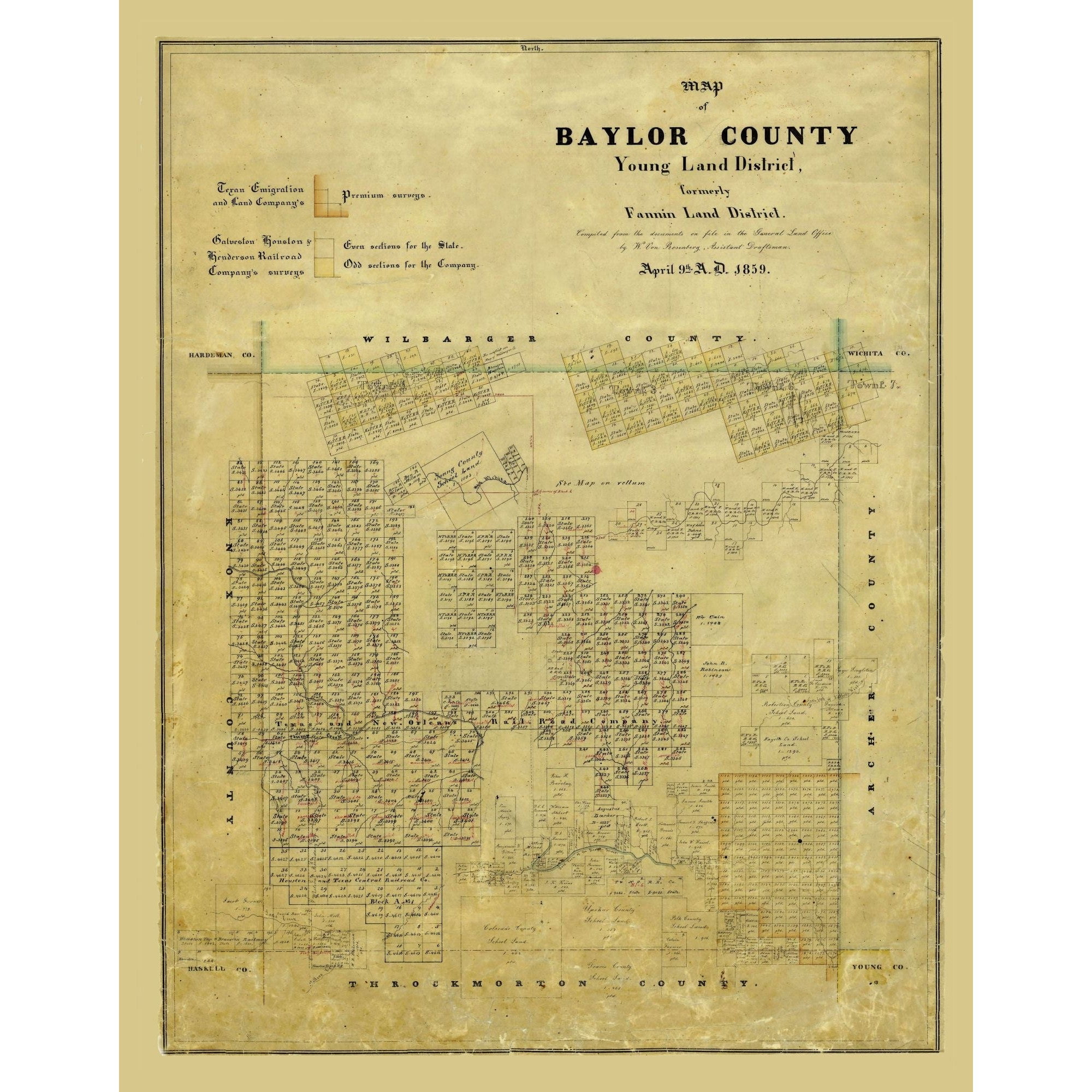 Historic County Map - Baylor County Texas - Rosenberg 1859 - 23 x 29.40 ...