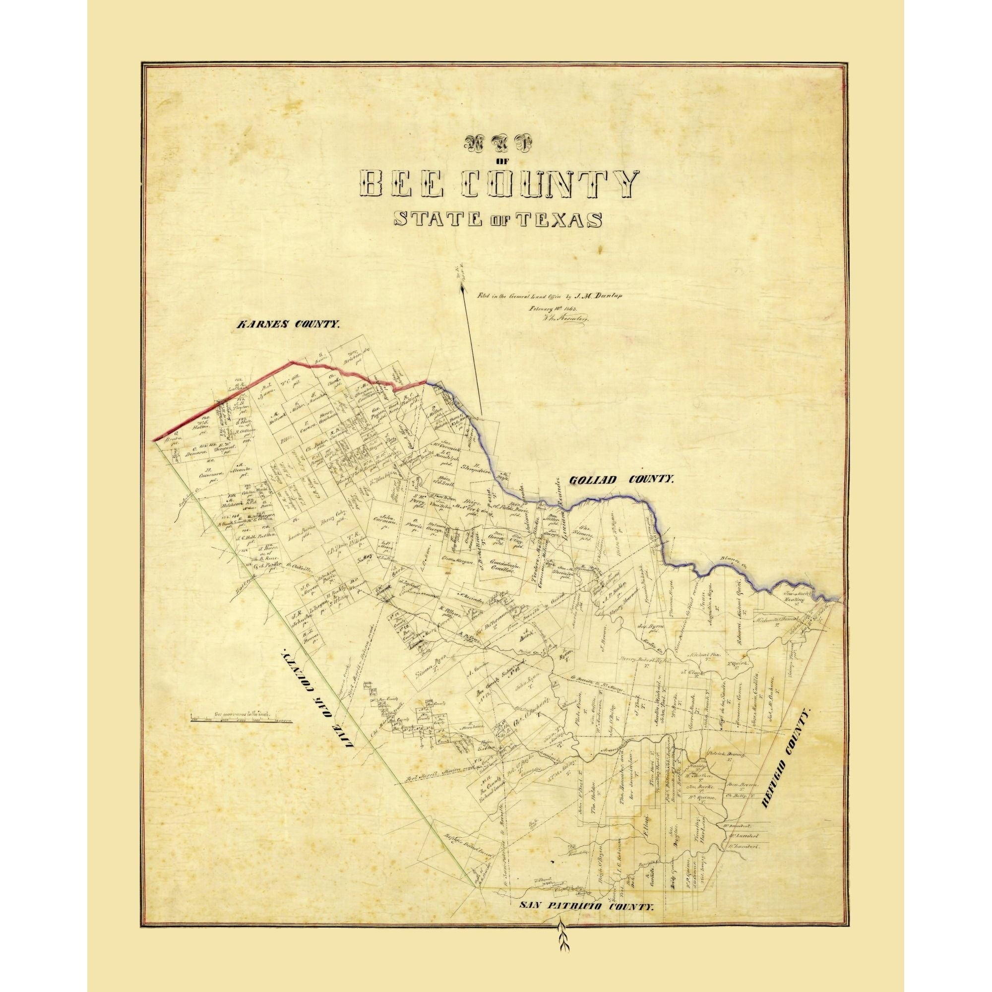 Historic County Map - Bee County Texas - Dunlap 1863 - 23 x 27.93 ...