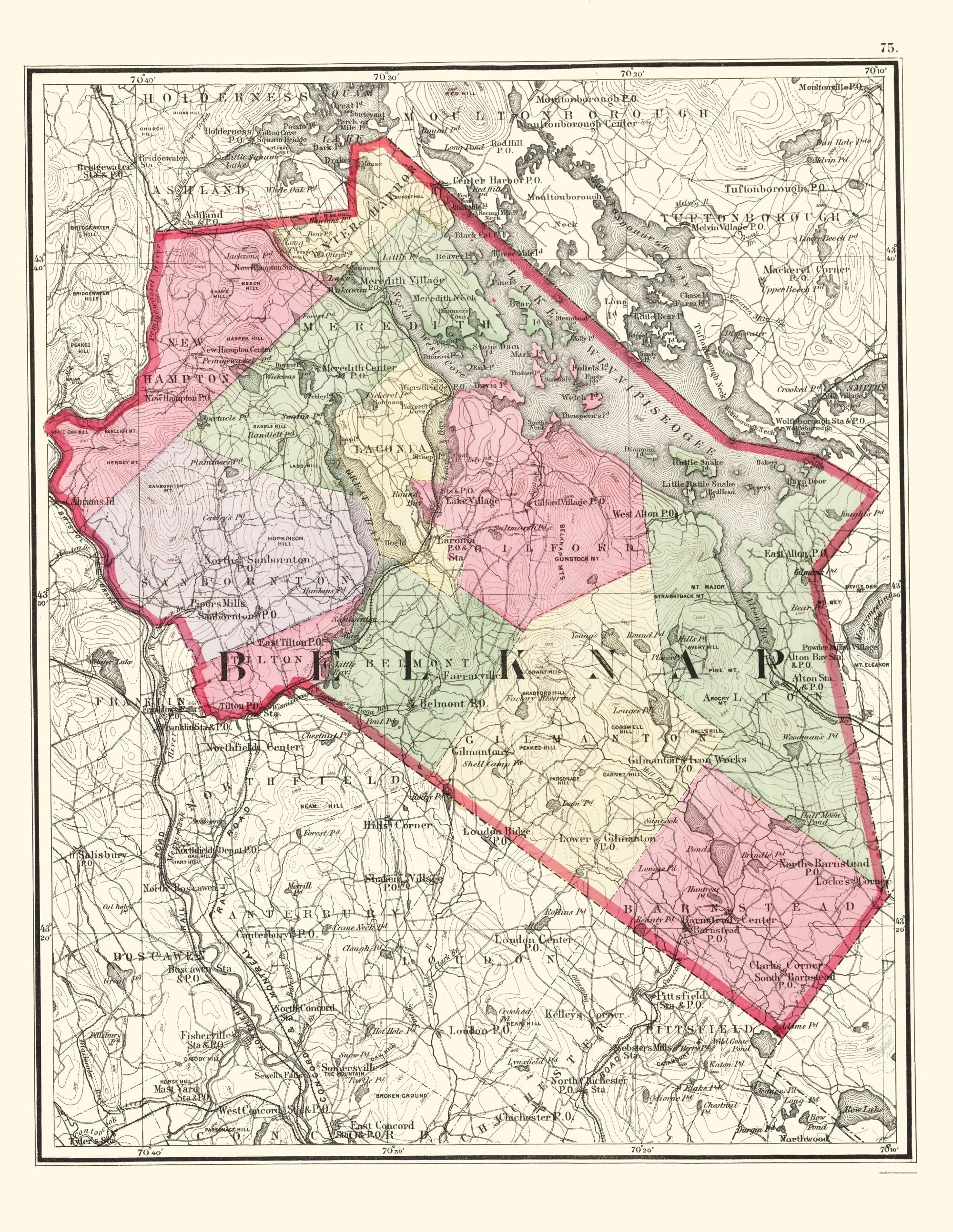 Historic County Map - Belknap County New Hampshire - Walling 1877 - 23 ...