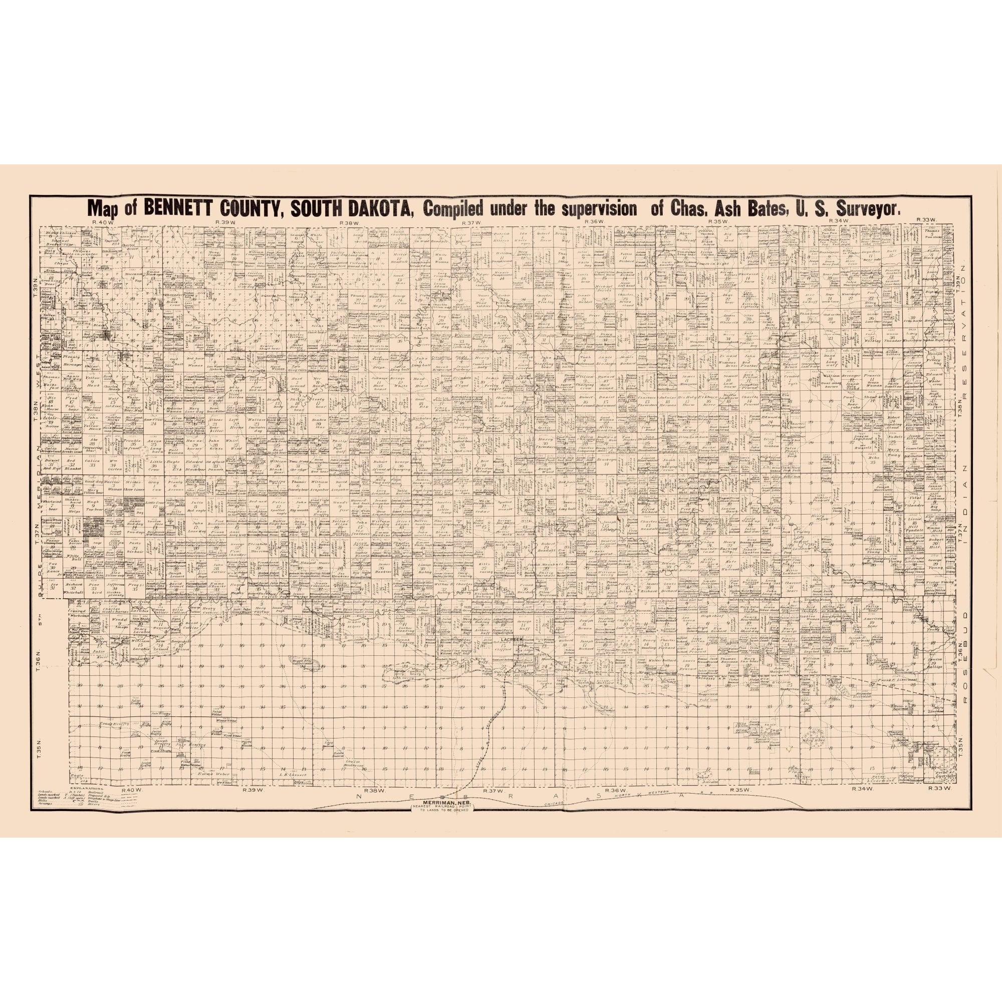 Historic County Map - Bennett County South Dakota - Bates 1910 - 34.23 ...
