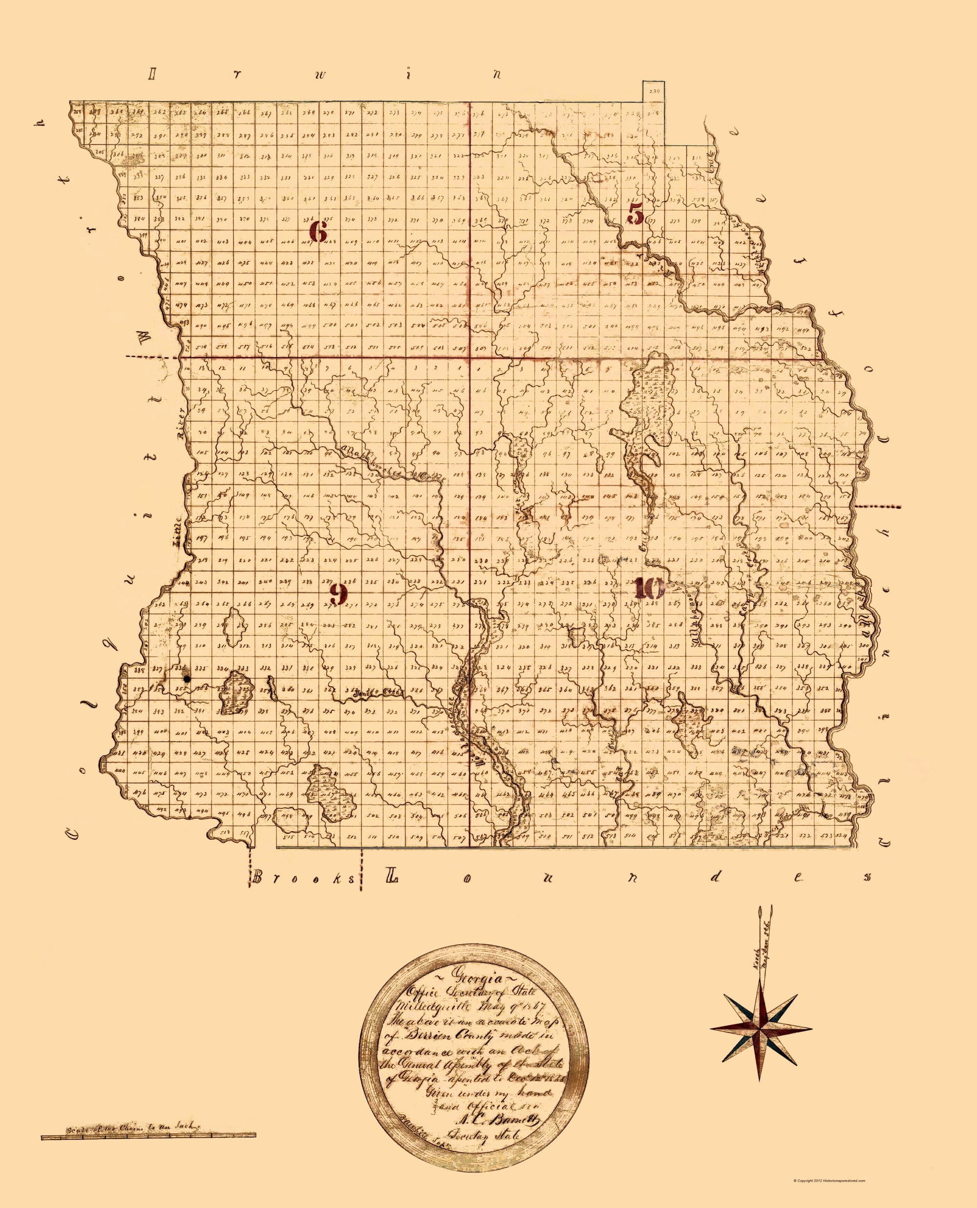 Historic County Map - Berrien County Georgia - Green 1868 - Vintage ...