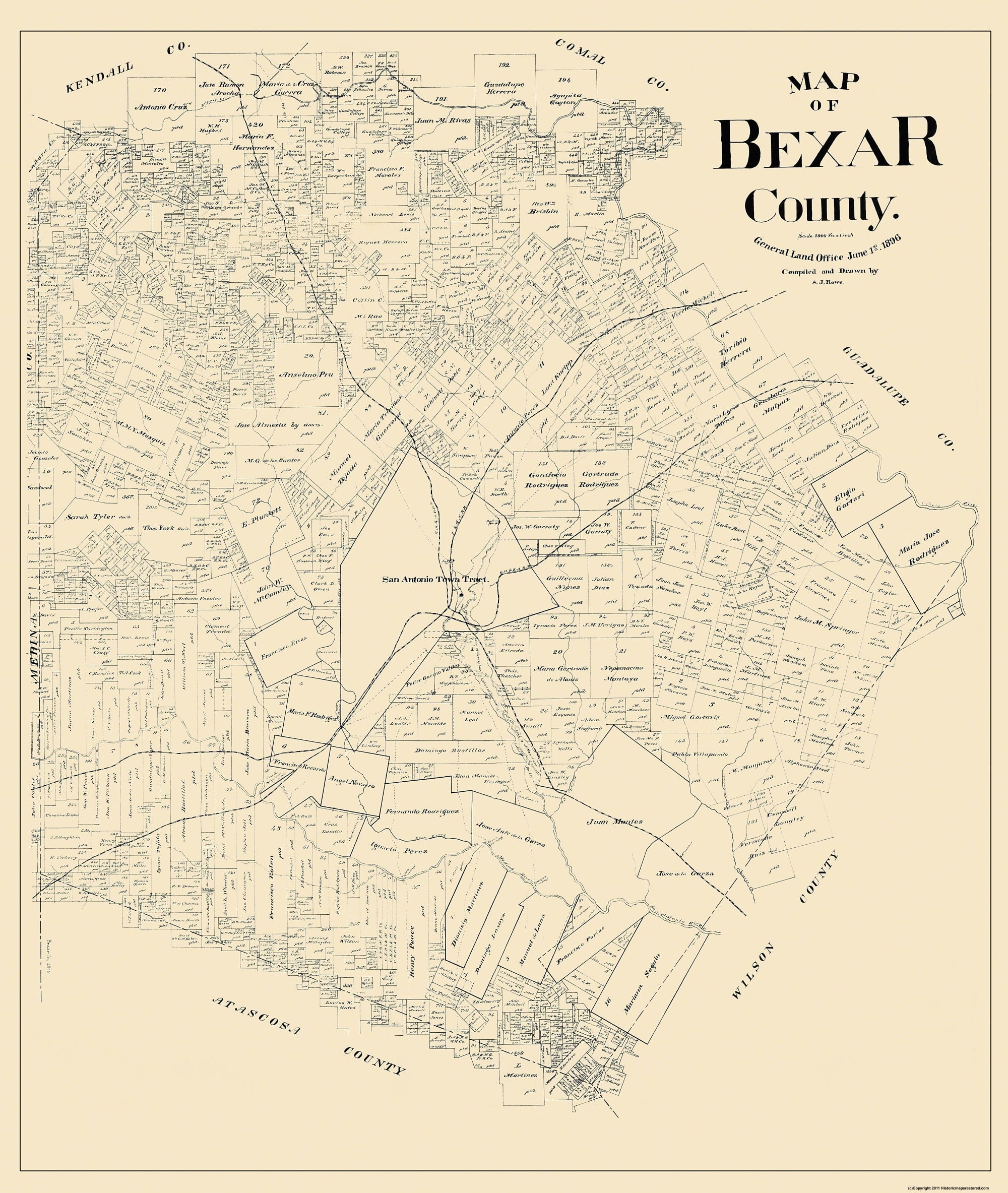 Historic County Map - Bexar County Texas - Rowe 1896 - 23 x 27.25 ...
