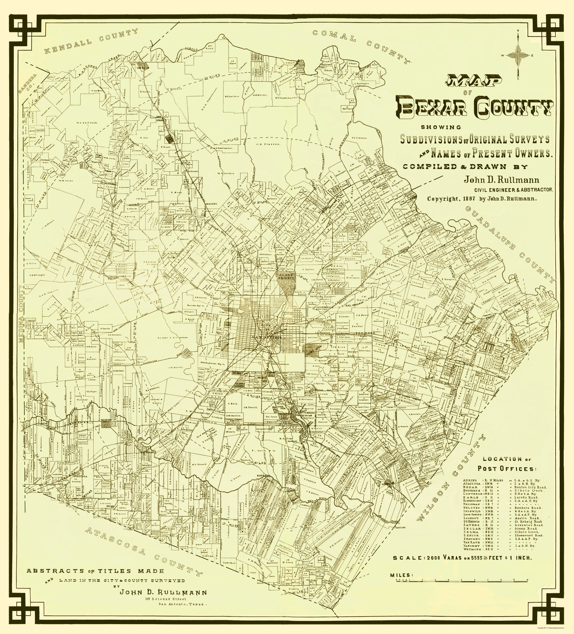 Historic County Map - Bexar County Texas - Rullmann 1897 - 23 x 25.41 ...