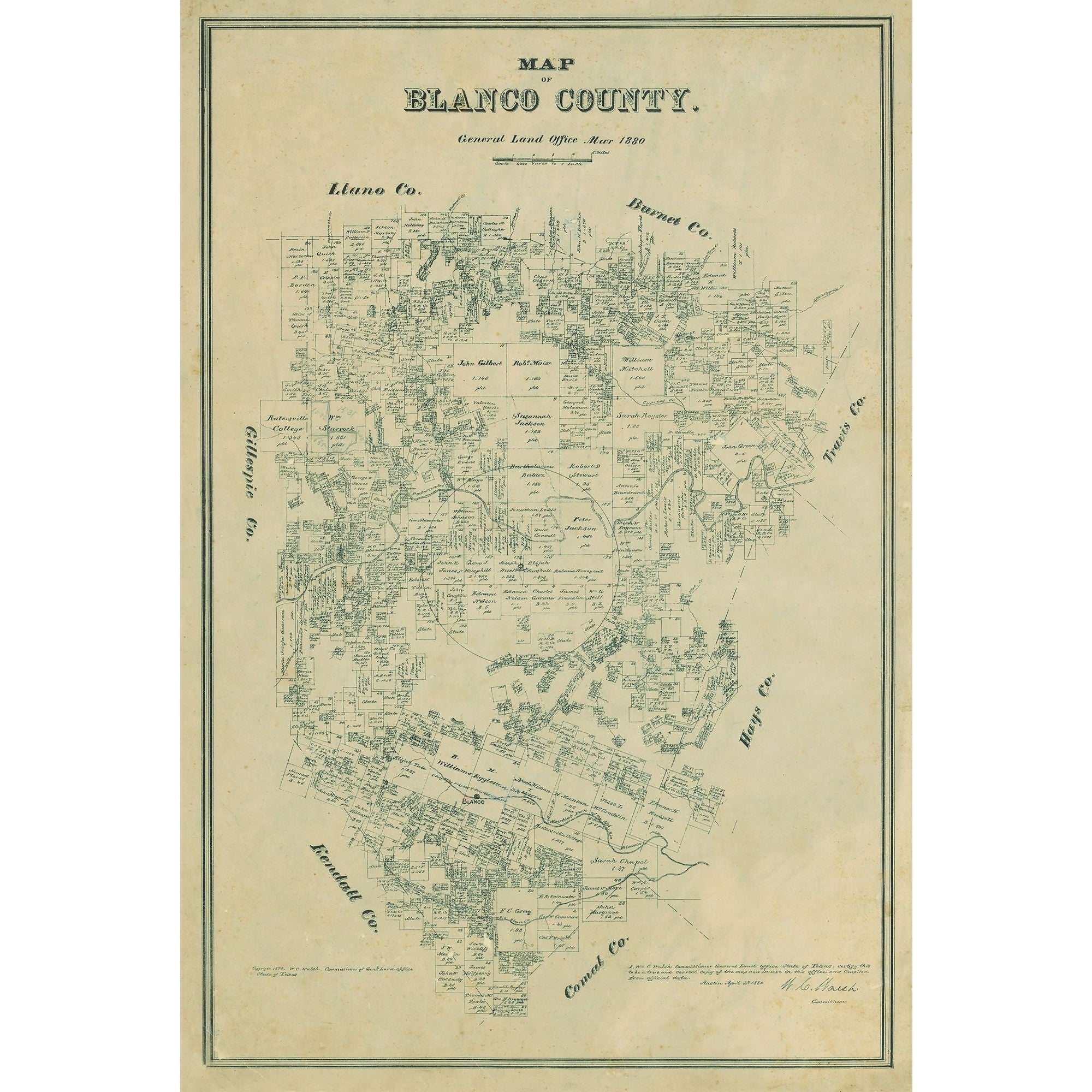 Historic County Map - Blanco County Texas - Walsh 1880 - 23 x 34.29 ...