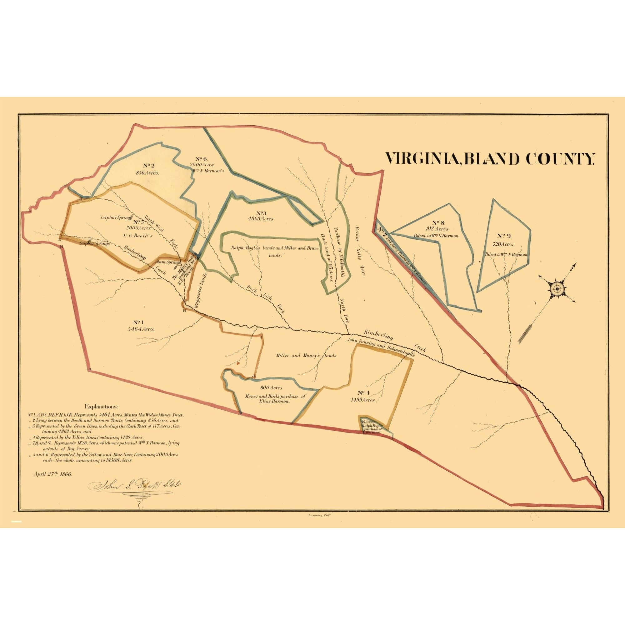 Historic County Map - Bland County Virginia - Peck 1866 - 33.33 x 23 ...