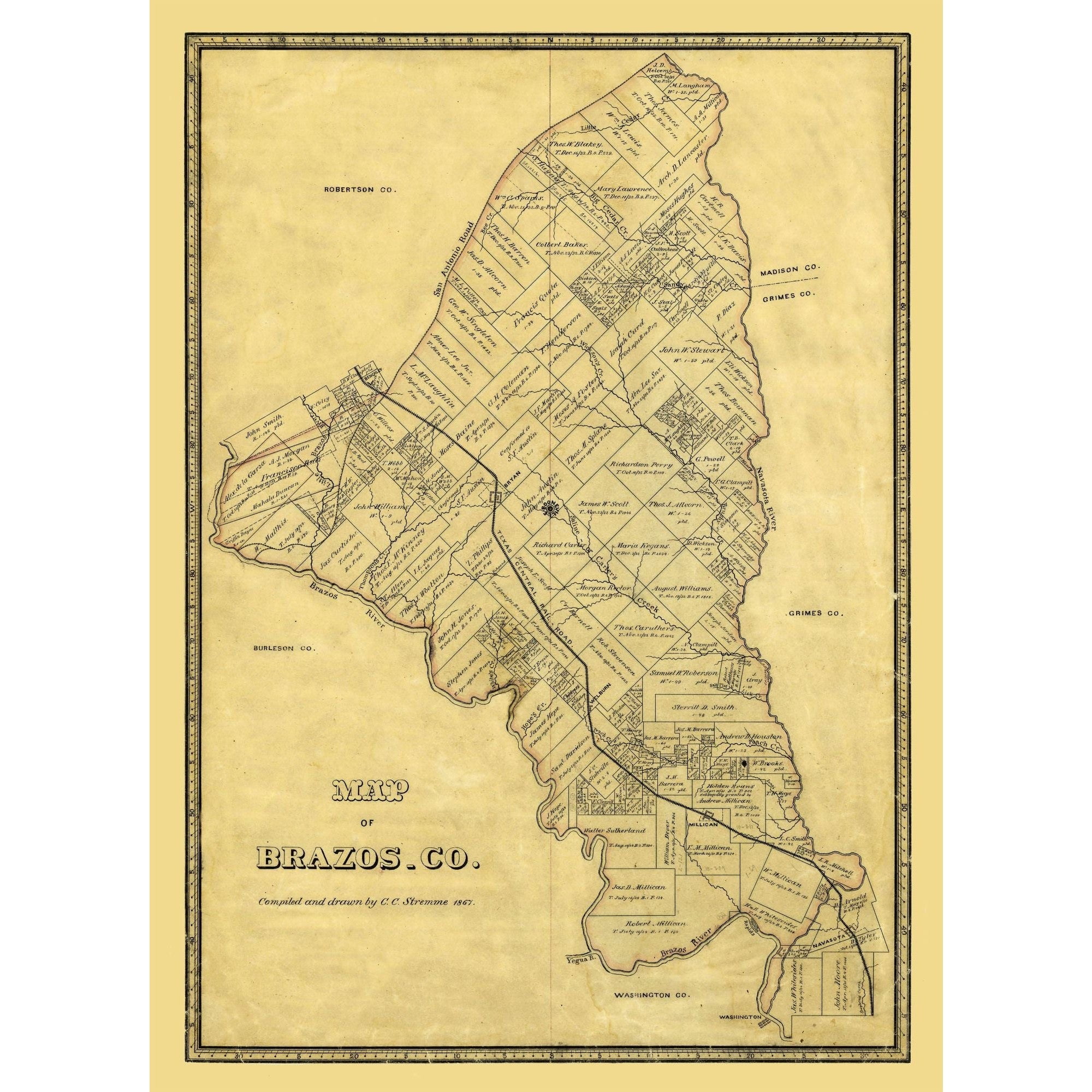 Historic County Map - Brazos County Texas - Stremme 1867 - 23 x 31.66 ...