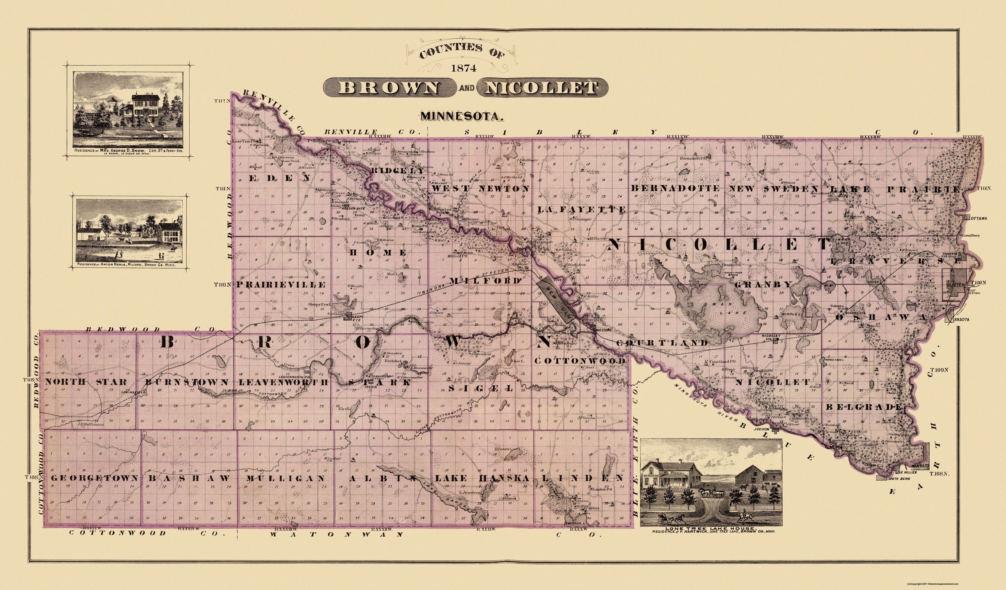 Historic County Map - Brown Nicollet Counties Minnesota - Andreas 1874 ...