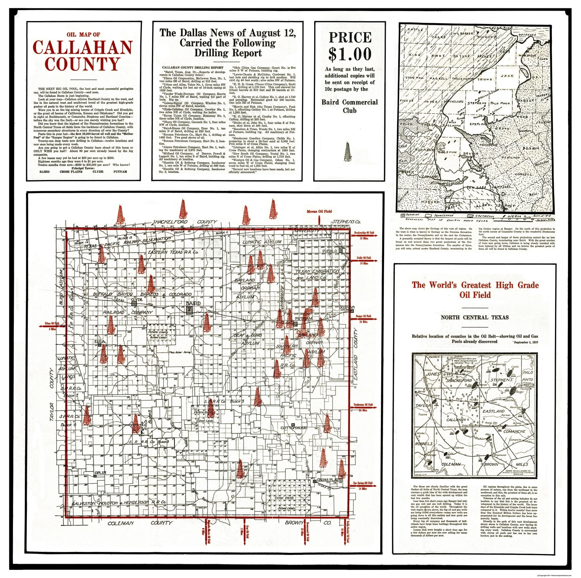 Historic County Map - Callahan County Texas Oil - 1919 - 23.13 x 23 ...