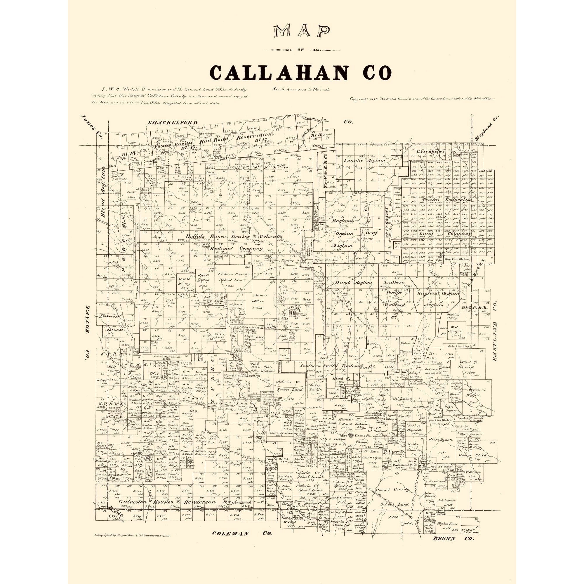 Historic County Map - Callahan County Texas - Walsh 1879 - Vintage Wall ...
