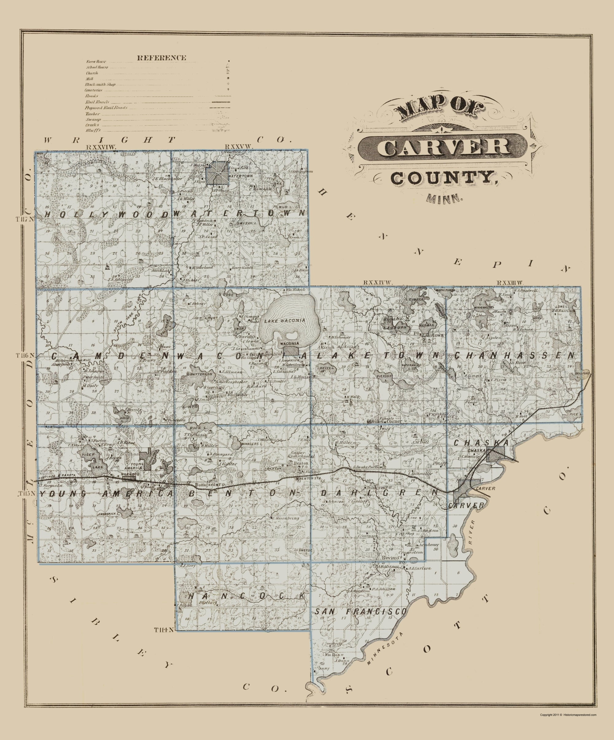 Historic County Map - Carver County Minnesota - Andreas 1874 - 23 x 27. ...