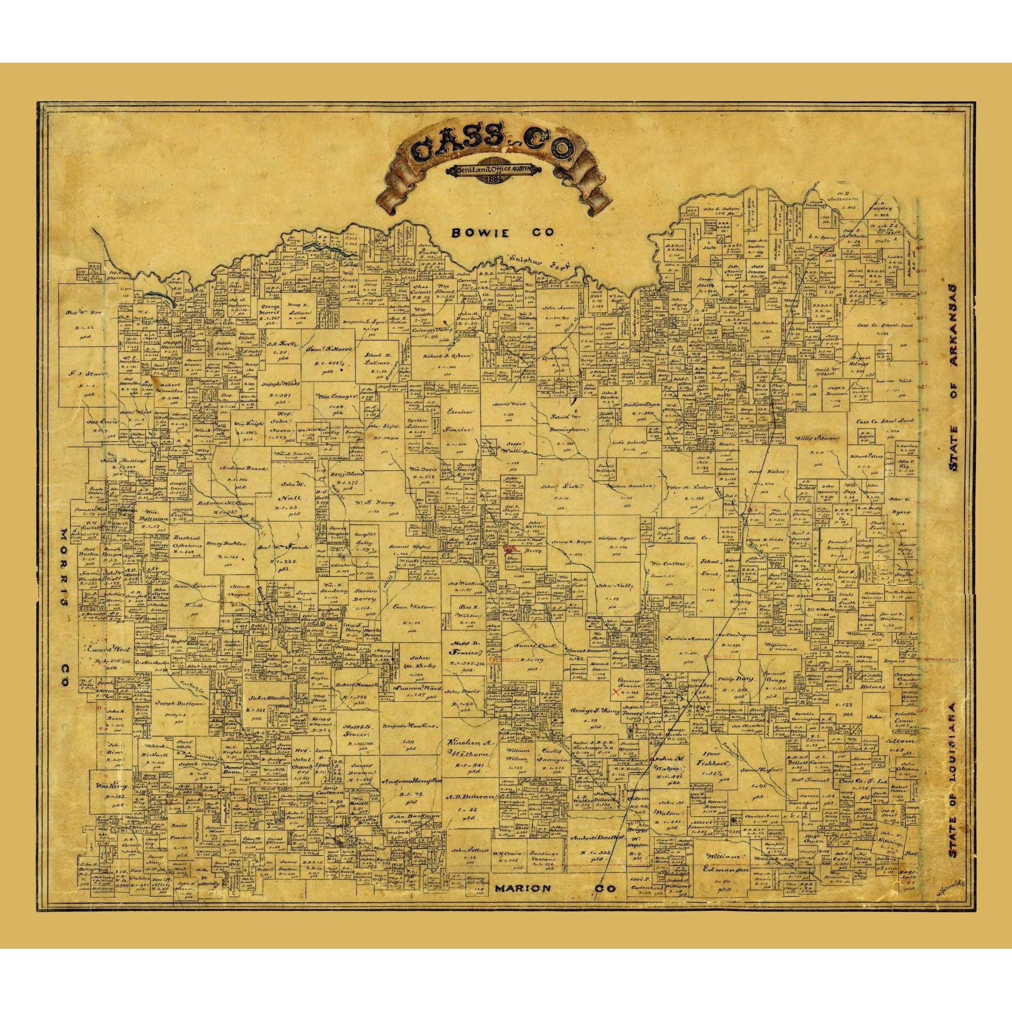 Historic County Map - Cass County Texas - General Land Office 1884 ...