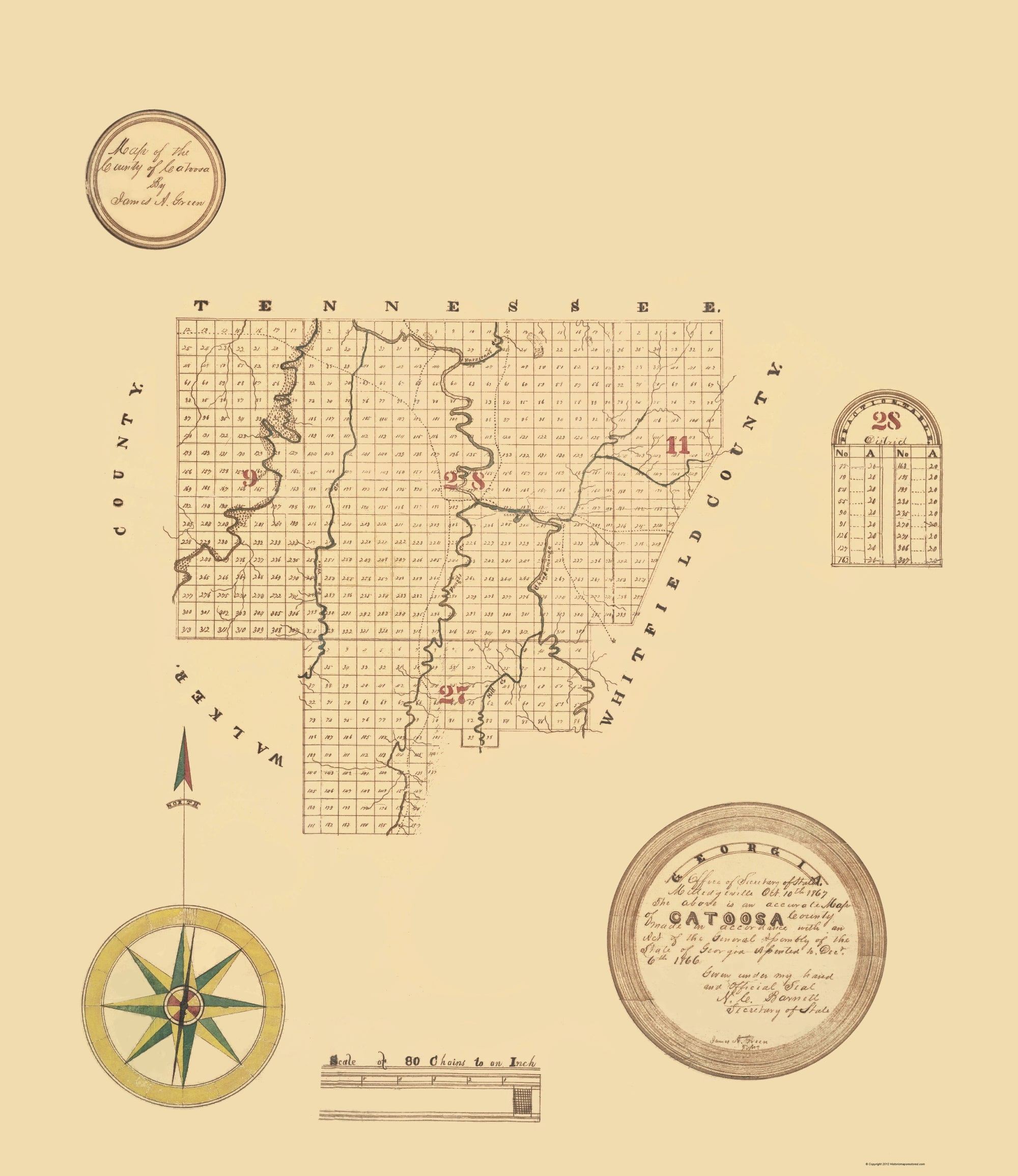 Historic County Map - Catoosa County Georgia - Green 1867 - Vintage ...