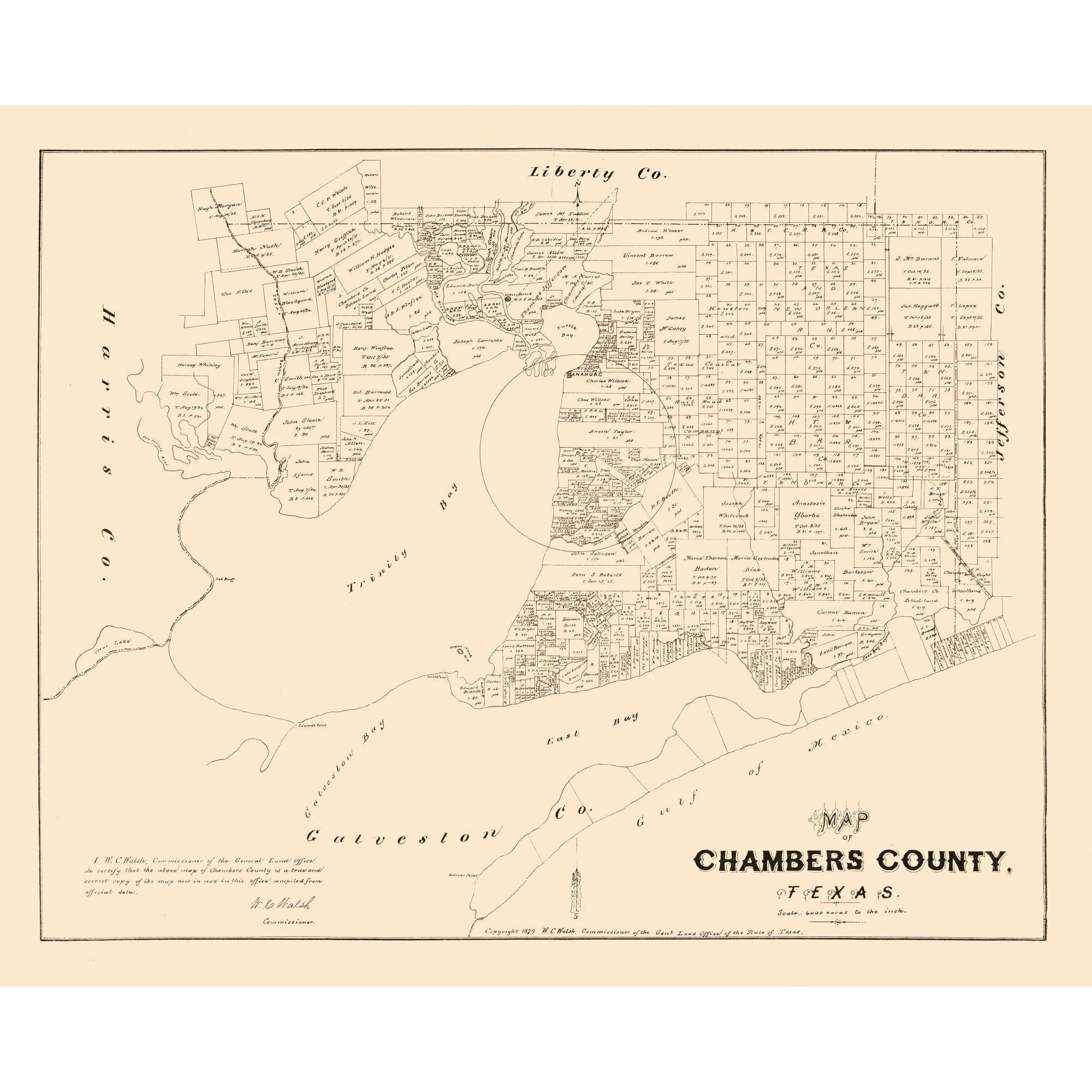 Historic County Map - Chambers County Texas - Walsch 1879 - 28.49 x 23 ...