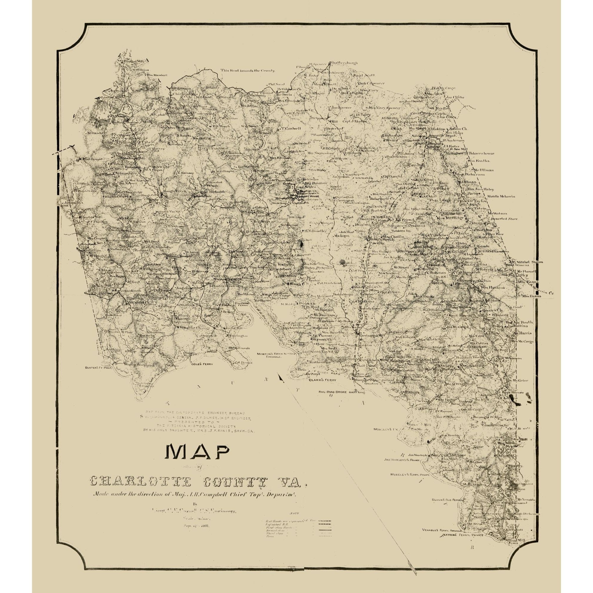 Historic County Map - Charlotte County Virginia - Campbell 1864 - 23 x ...