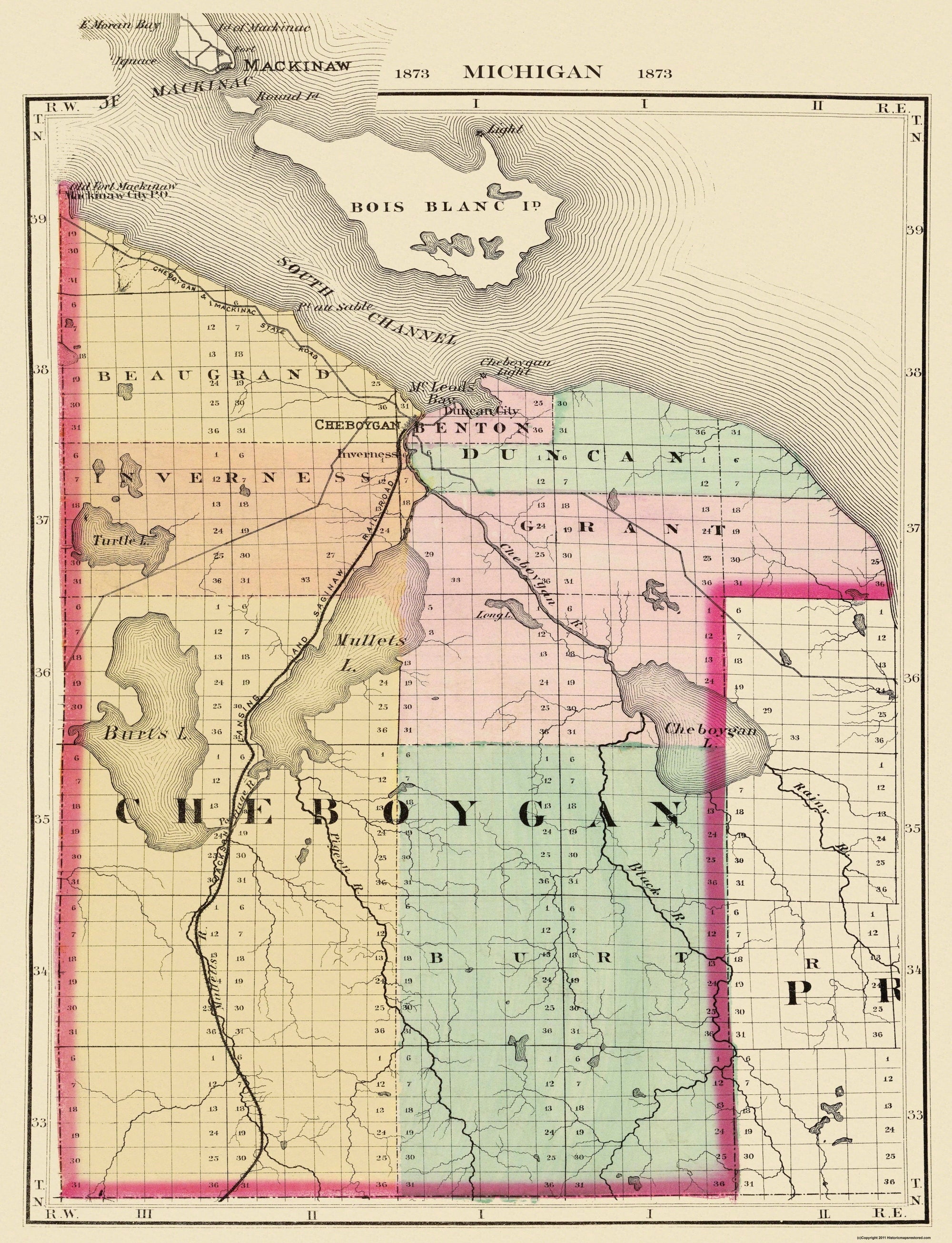 Historic County Map - Cheboygan County Michigan - Walling 1873 - 23 x ...