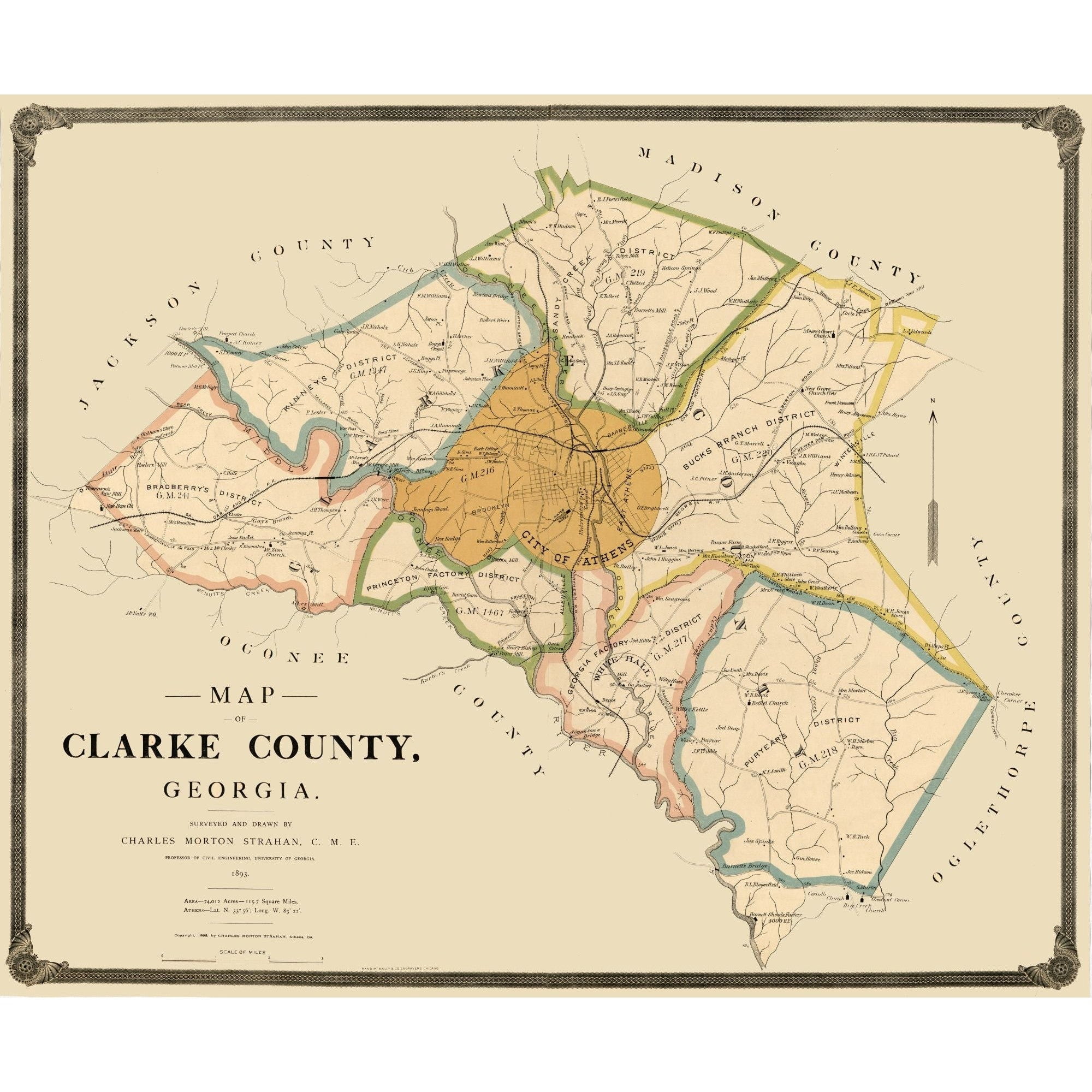 Historic County Map - Clarke County Georgia - Strahan 1893 - Vintage ...