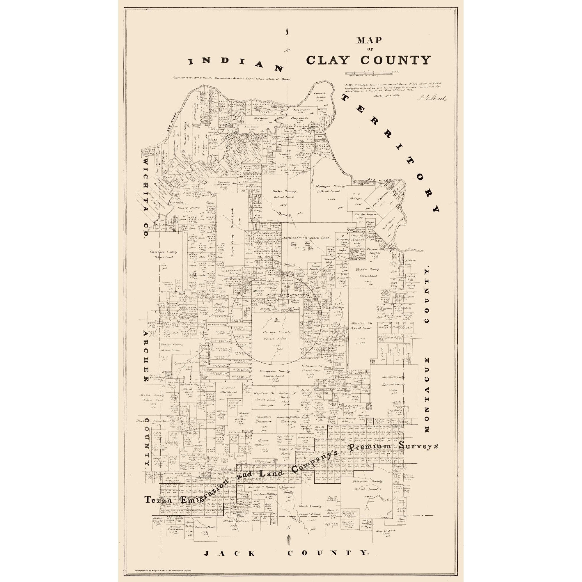 Historic County Map - Clay County Texas - Walsh 1880 - Vintage Wall Art ...