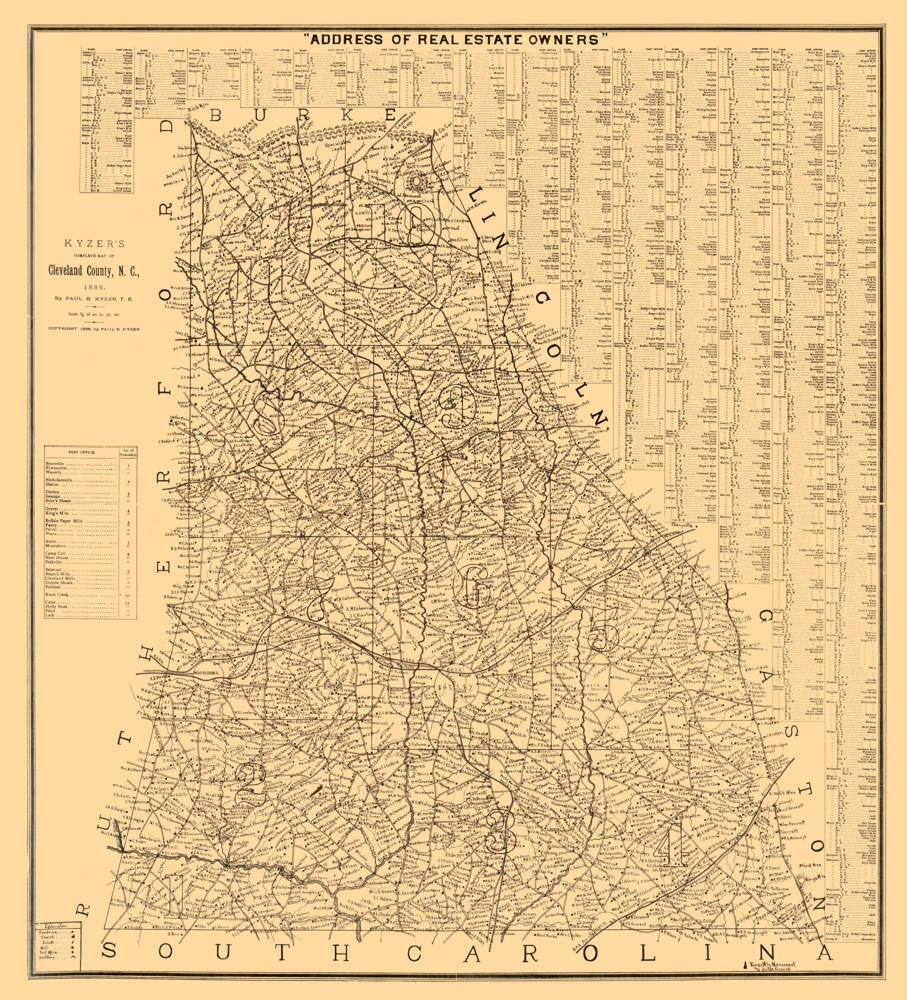 Historic County Map - Cleveland County North Carolina - Kyzer 1886 - 23 ...