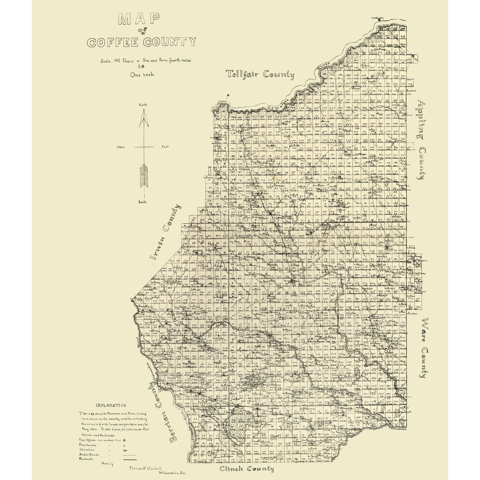 Historic County Map - Coffee County Georgia - Marshall 1891 - 23 x 26. ...
