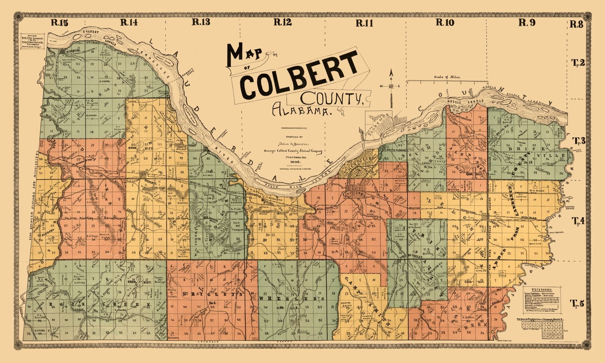 Historic County Map - Colbert County Alabama - Bacon 1896 - 38.37 x 23 ...