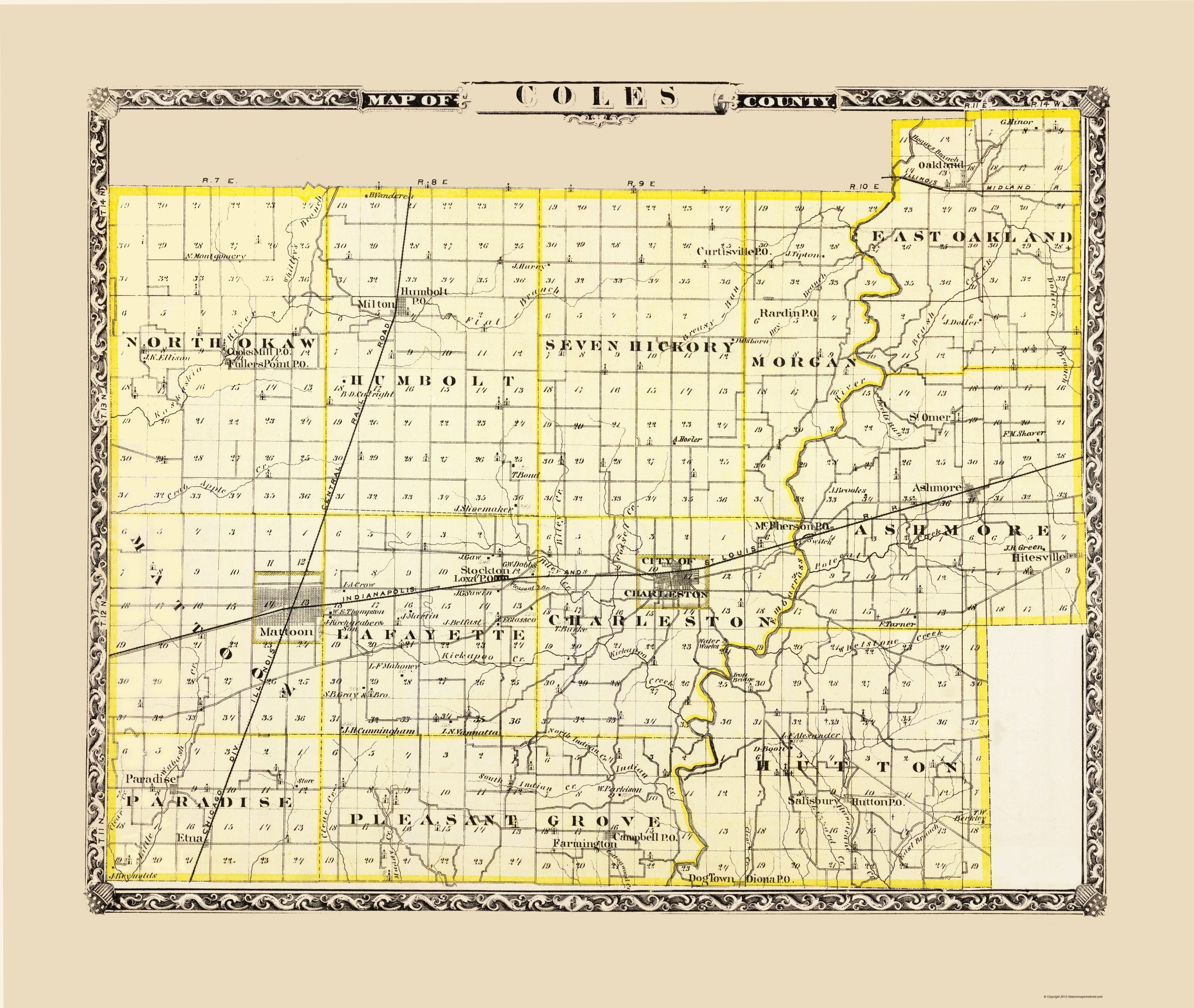 Historic County Map - Coles County Illinois - Warner 1876 - 23 x 27.23 ...