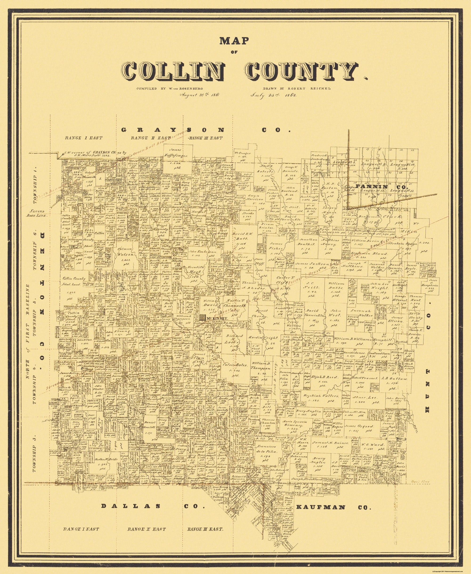 Historic County Map - Collin Texas - Rosenberg 1861 - 23 x 28 - Vintage ...