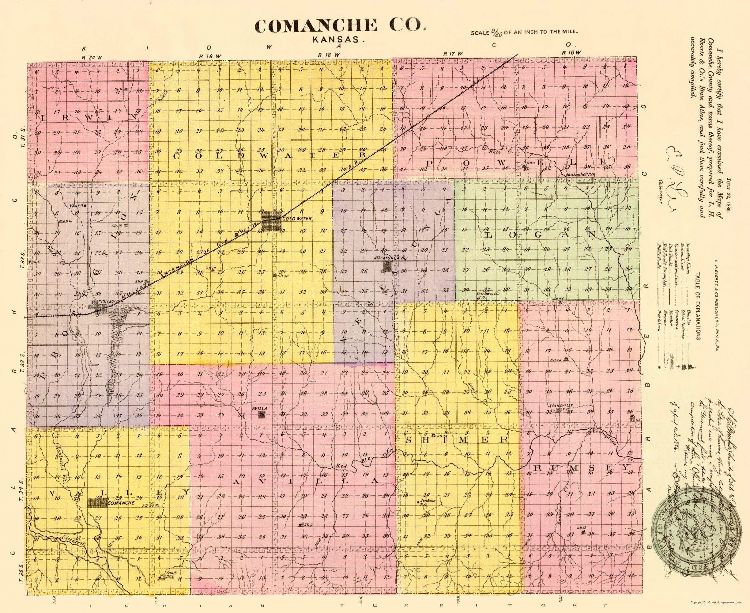 Historic County Map - Comanche County Kansas - Everts 1887 - 23 x 28.16 ...