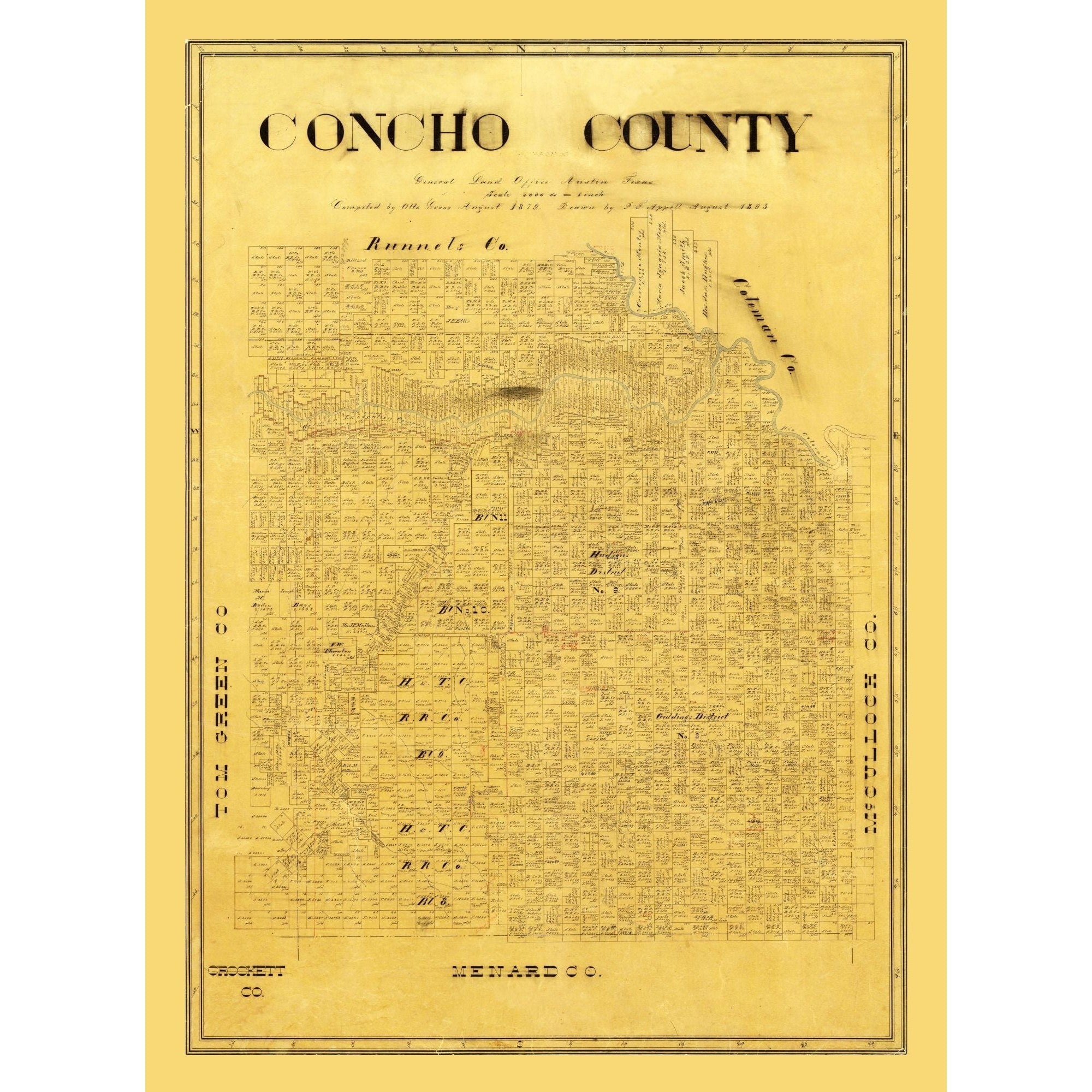 Historic County Map - Concho County Texas - Groos 1895 - Vintage Wall ...