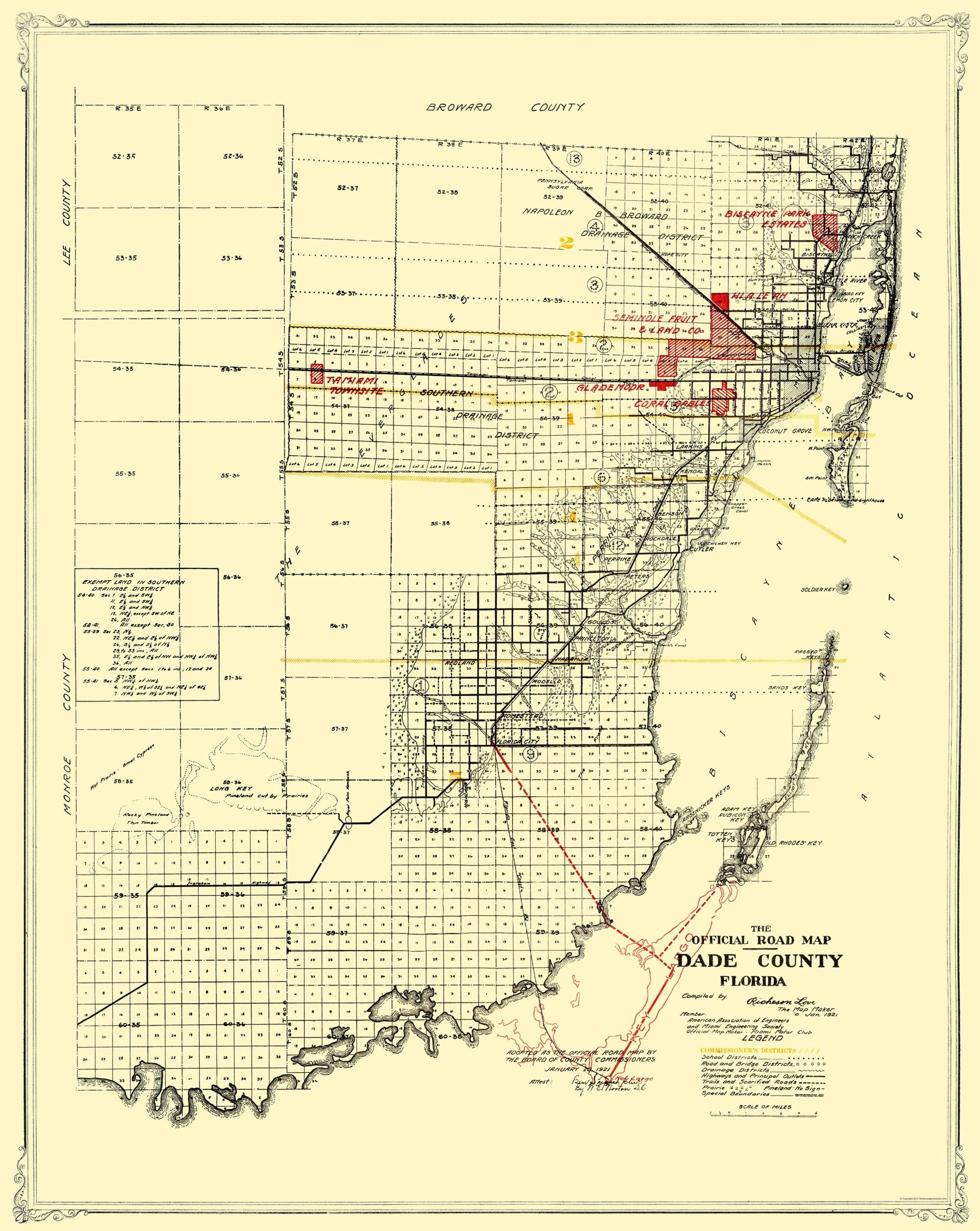 Historic County Map- Dade County Florida Road - Miami Motor Club 1921 ...