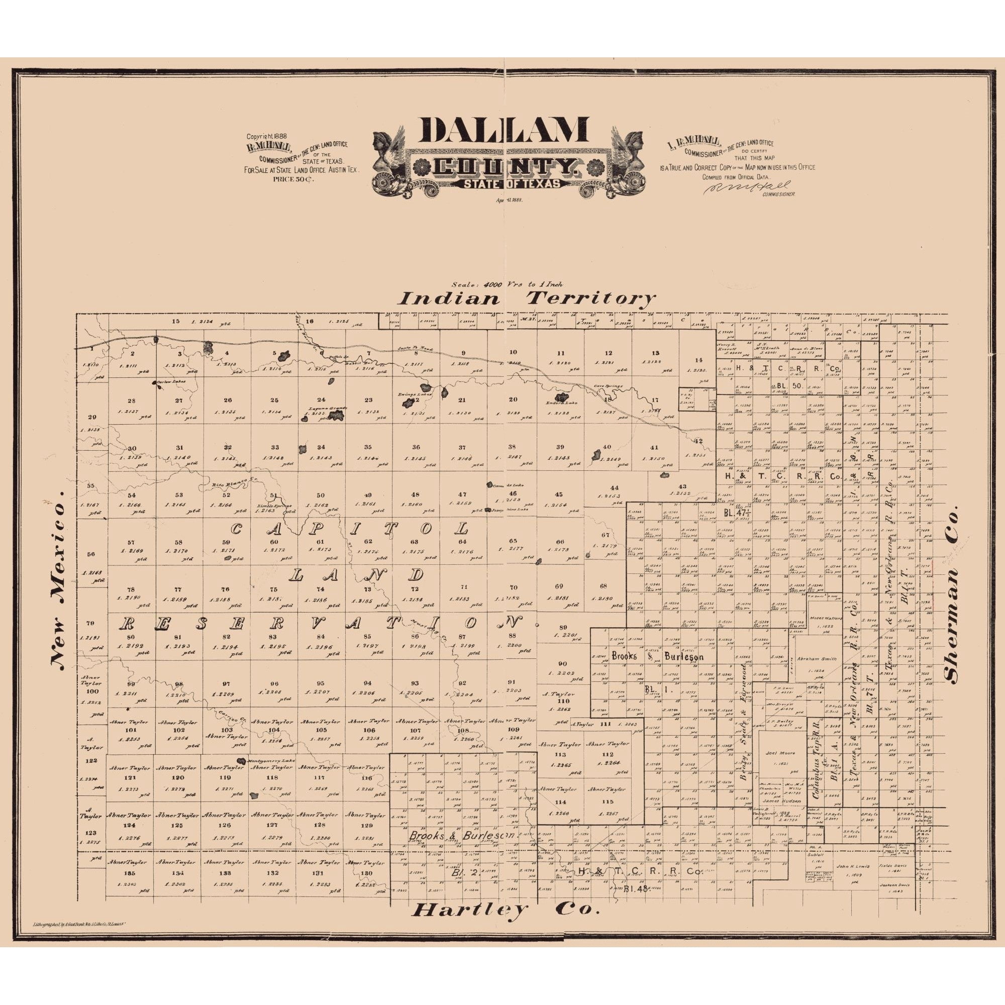 Historic County Map - Dallam County Texas - Hall 1888 - Vintage Wall ...