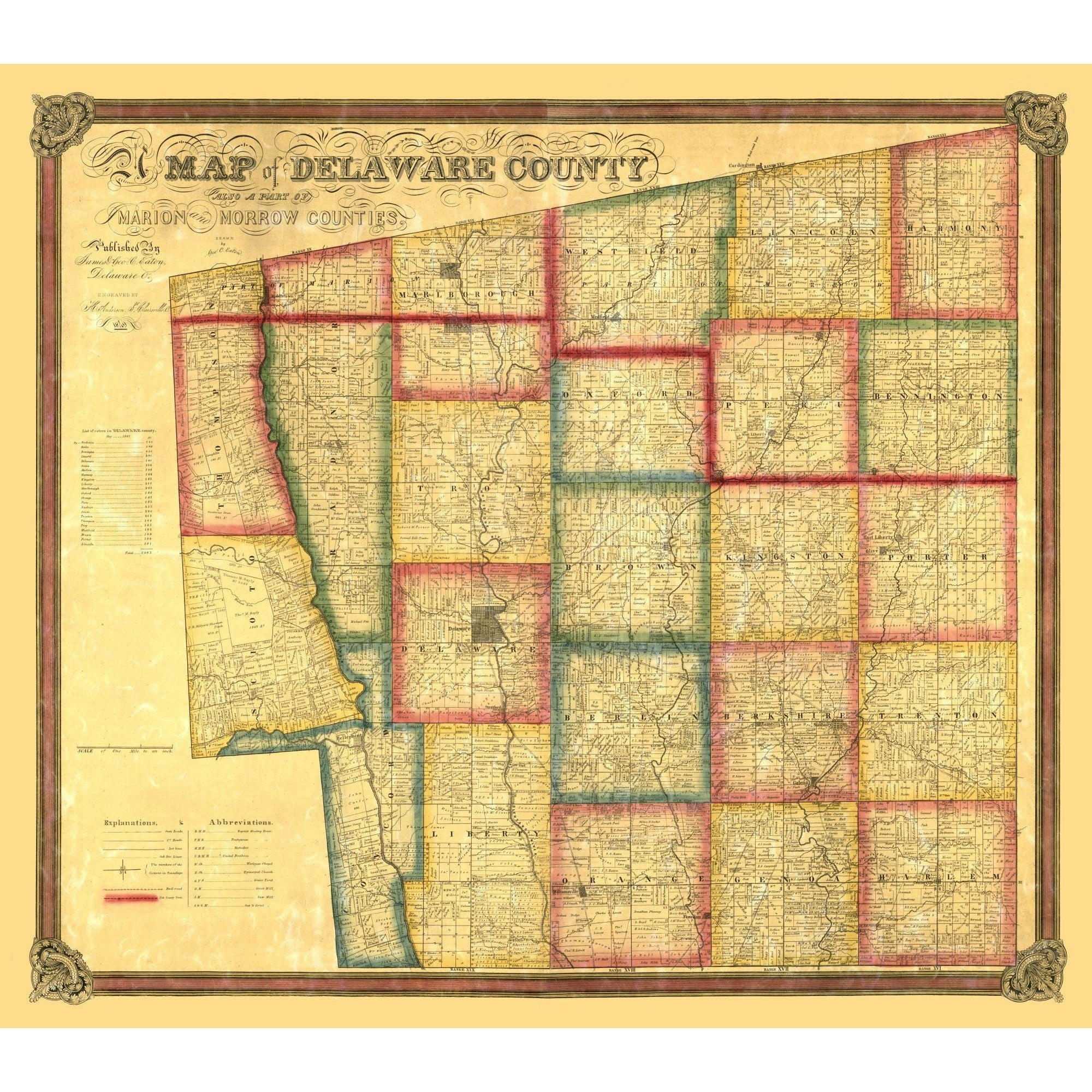 Historic County Map - Delaware County Ohio - Eaton 1849 - 26.05 x 23 ...