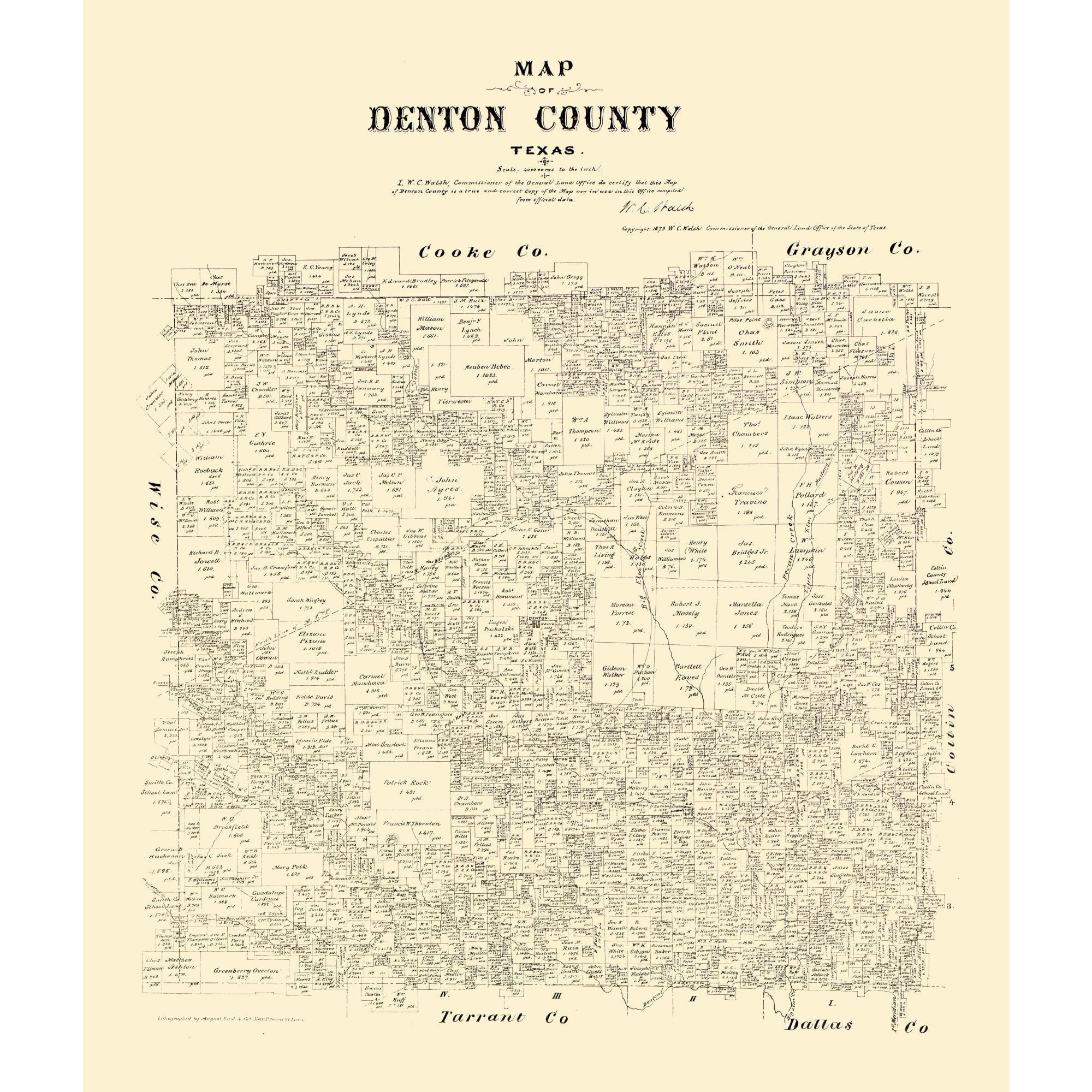 Historic County Map - Denton County Texas - Walsh 1879 - 23 x 27.10 ...