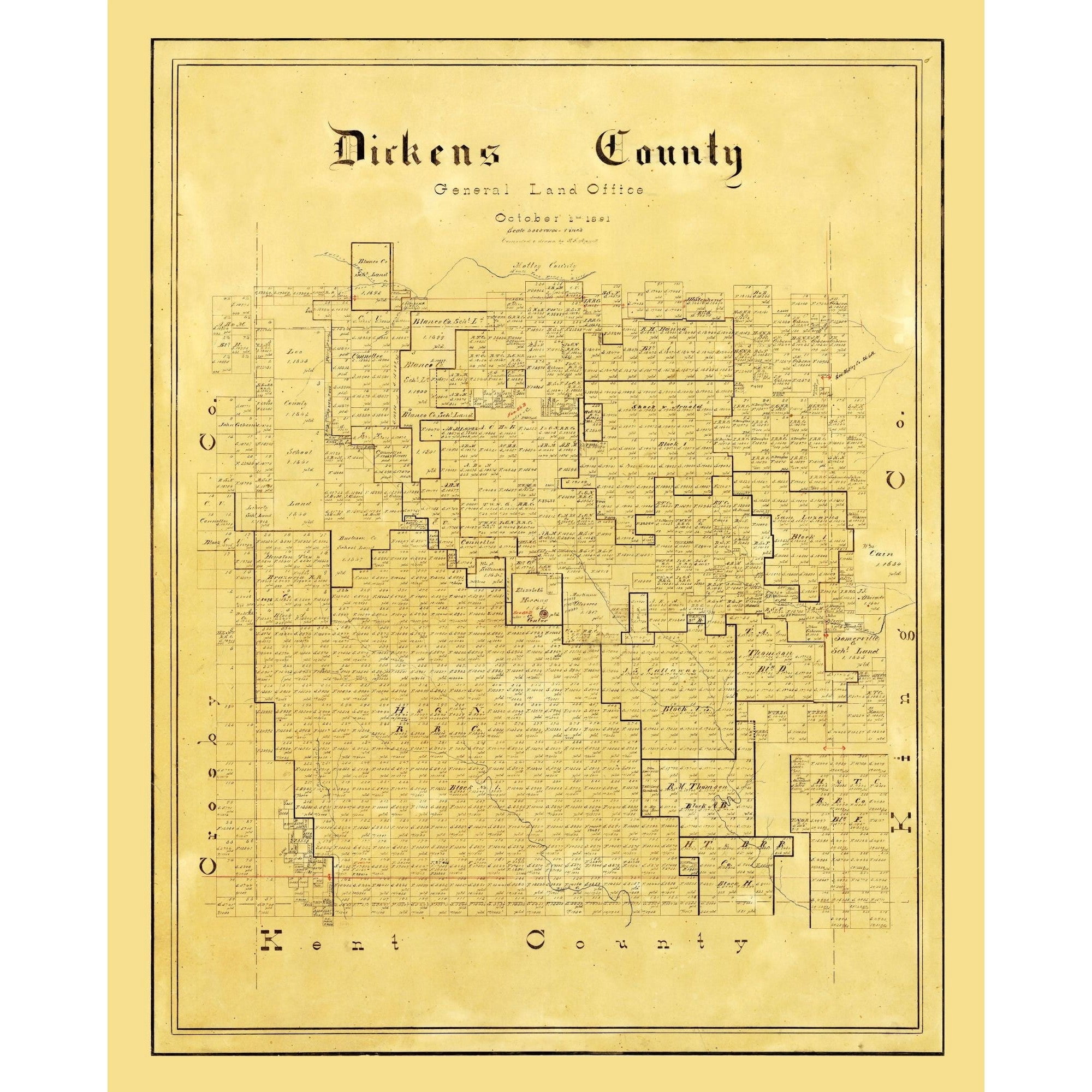 Historic County Map - Dickens County Texas - Arlitt 1891 - 23 x 28.64 ...